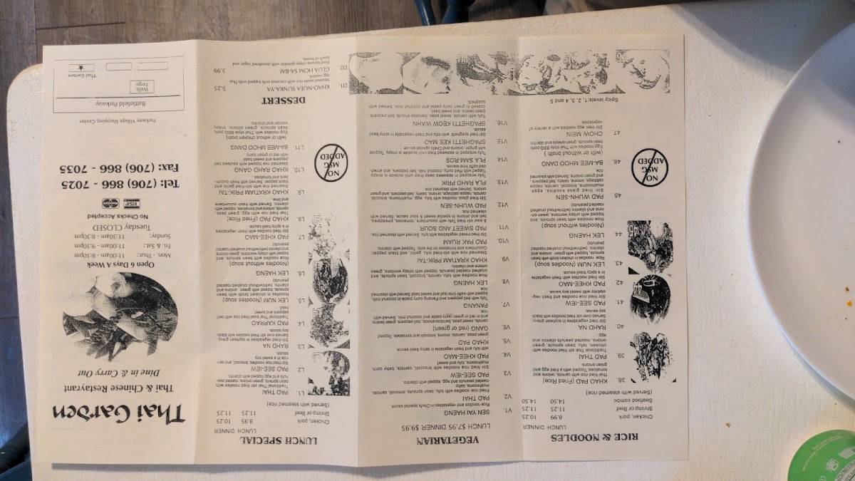 Menu at Thai Garden restaurant, Fort Oglethorpe