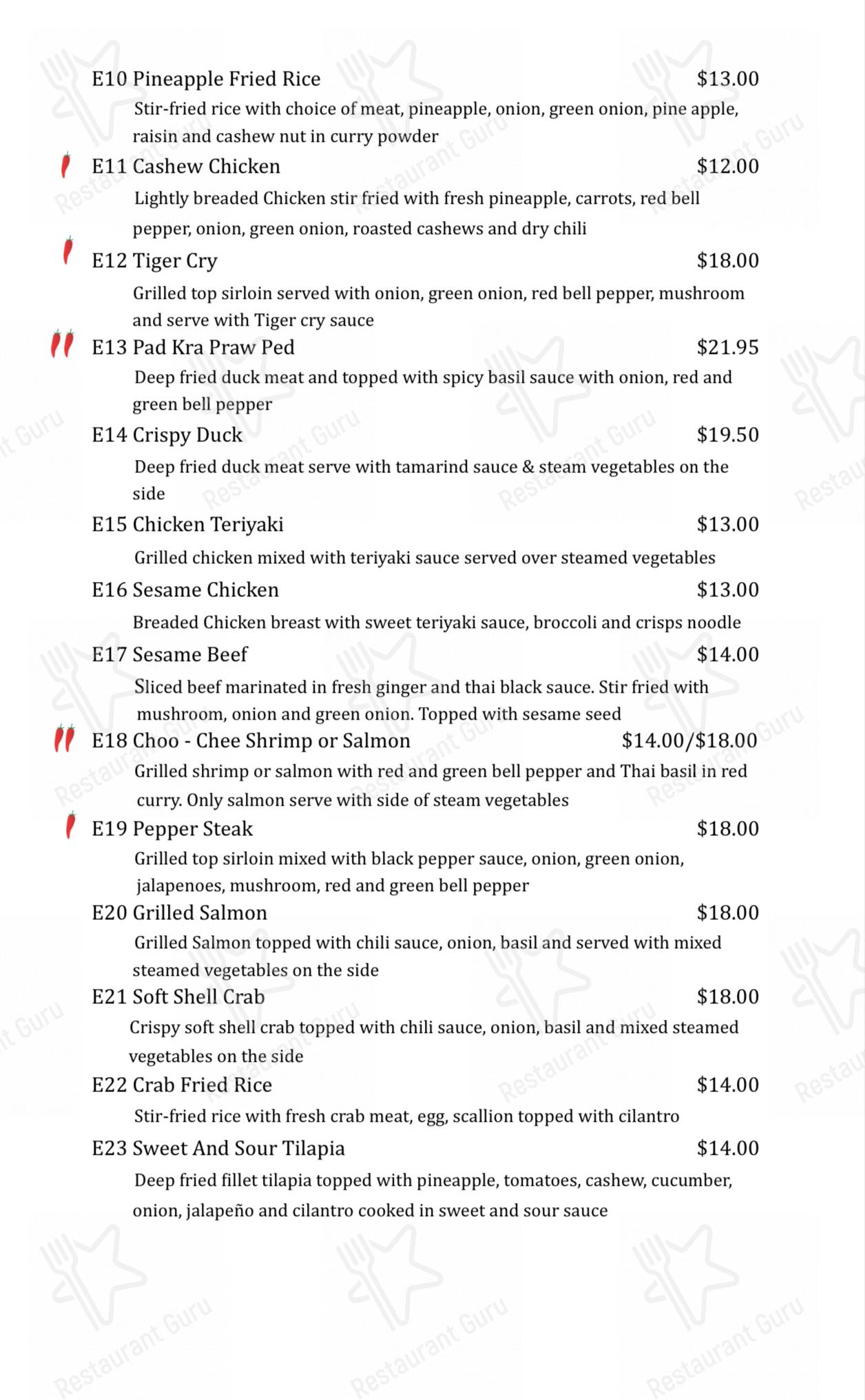 Menu at Thai Ocha restaurant, Kerrville