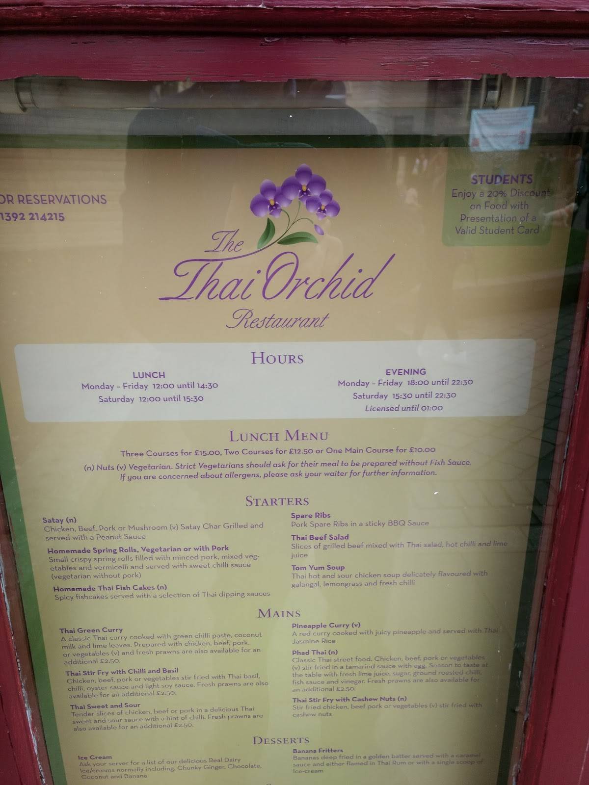Menu at Thai Orchid restaurant, Exeter