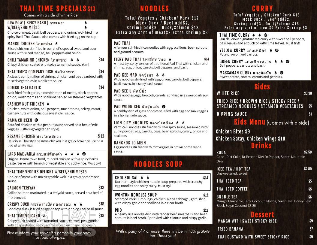 Menu at Thai Time Express restaurant, Joplin