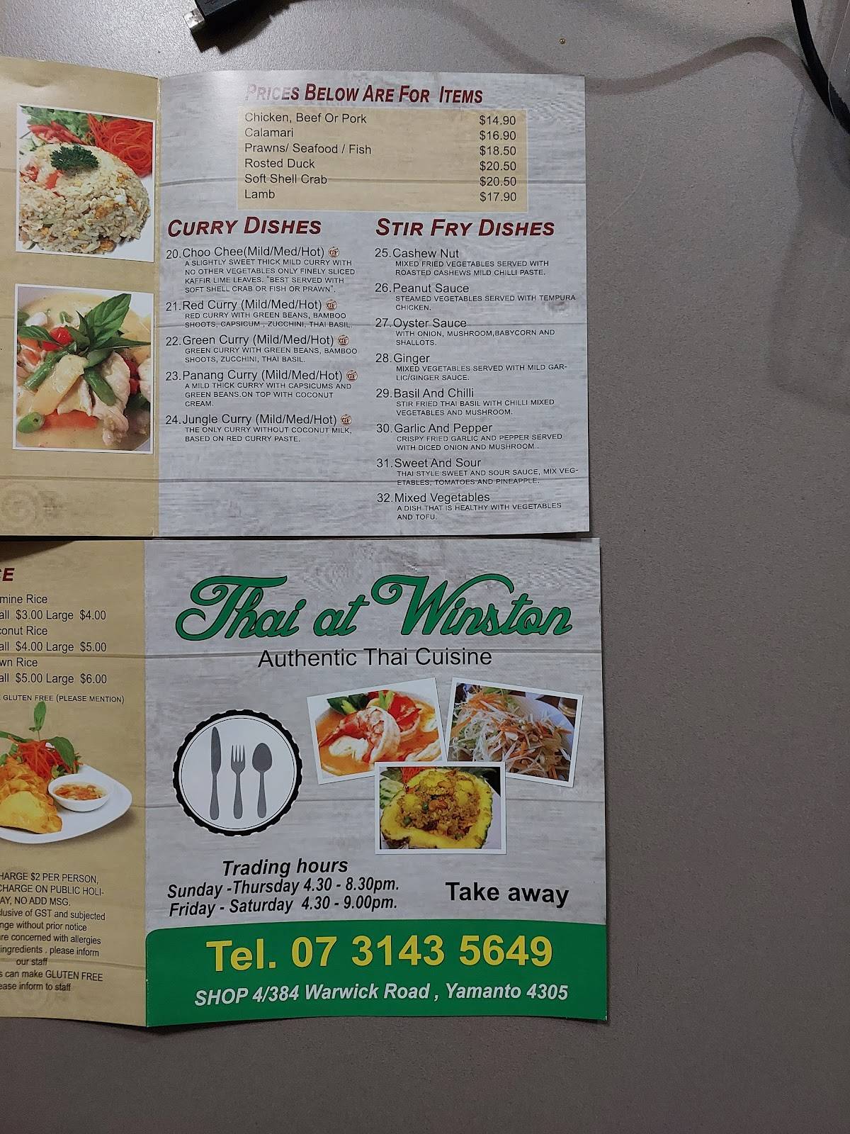 Menu at Thai at Winston restaurant, Yamanto