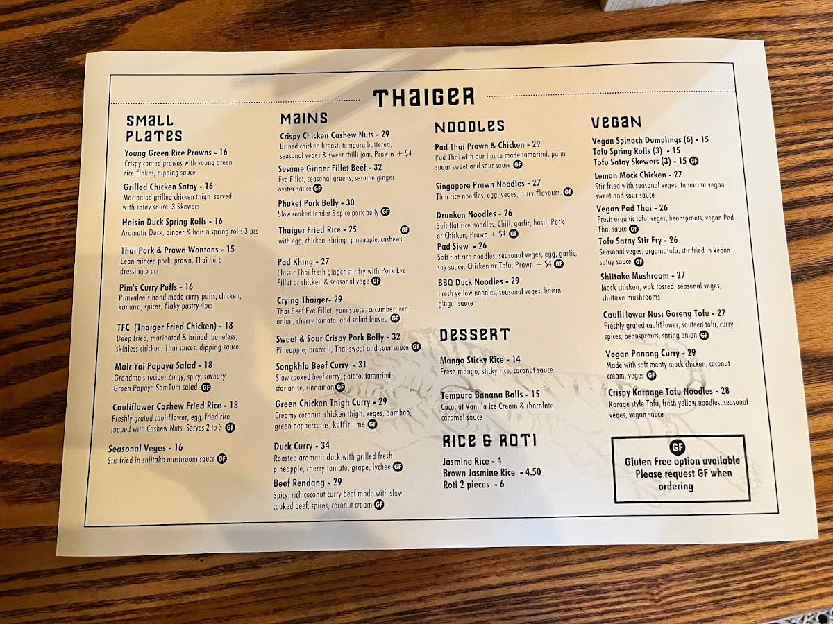 Menu at Thaiger restaurant, Auckland