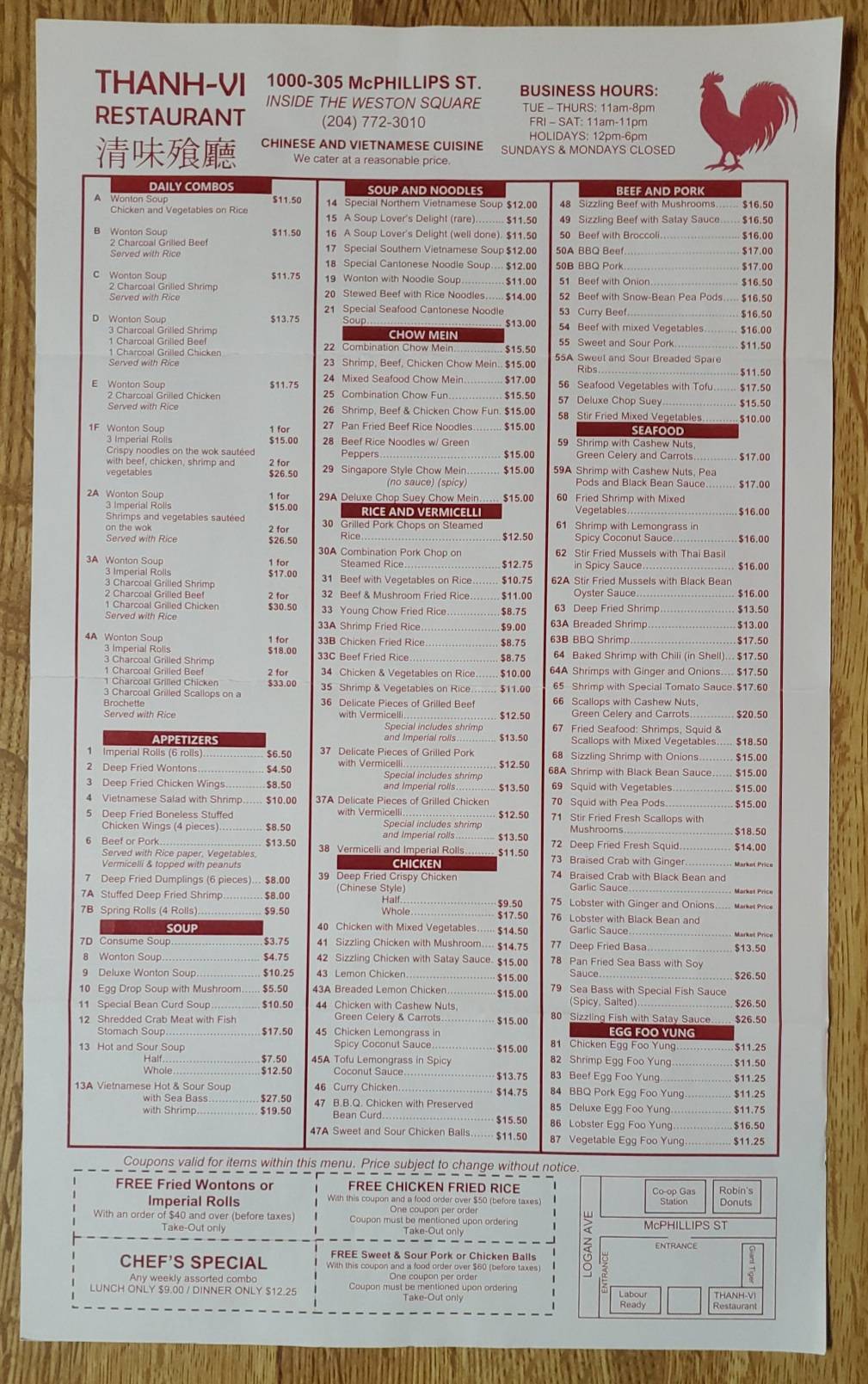 Menu at Thanh Vi Restaurant, Winnipeg