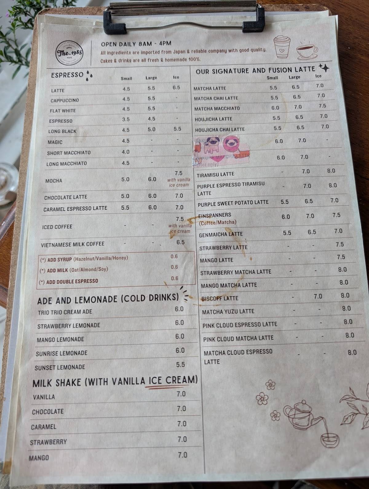 Menu at The 1985 Kafé cafe, Clayton South, 59 Springs Rd