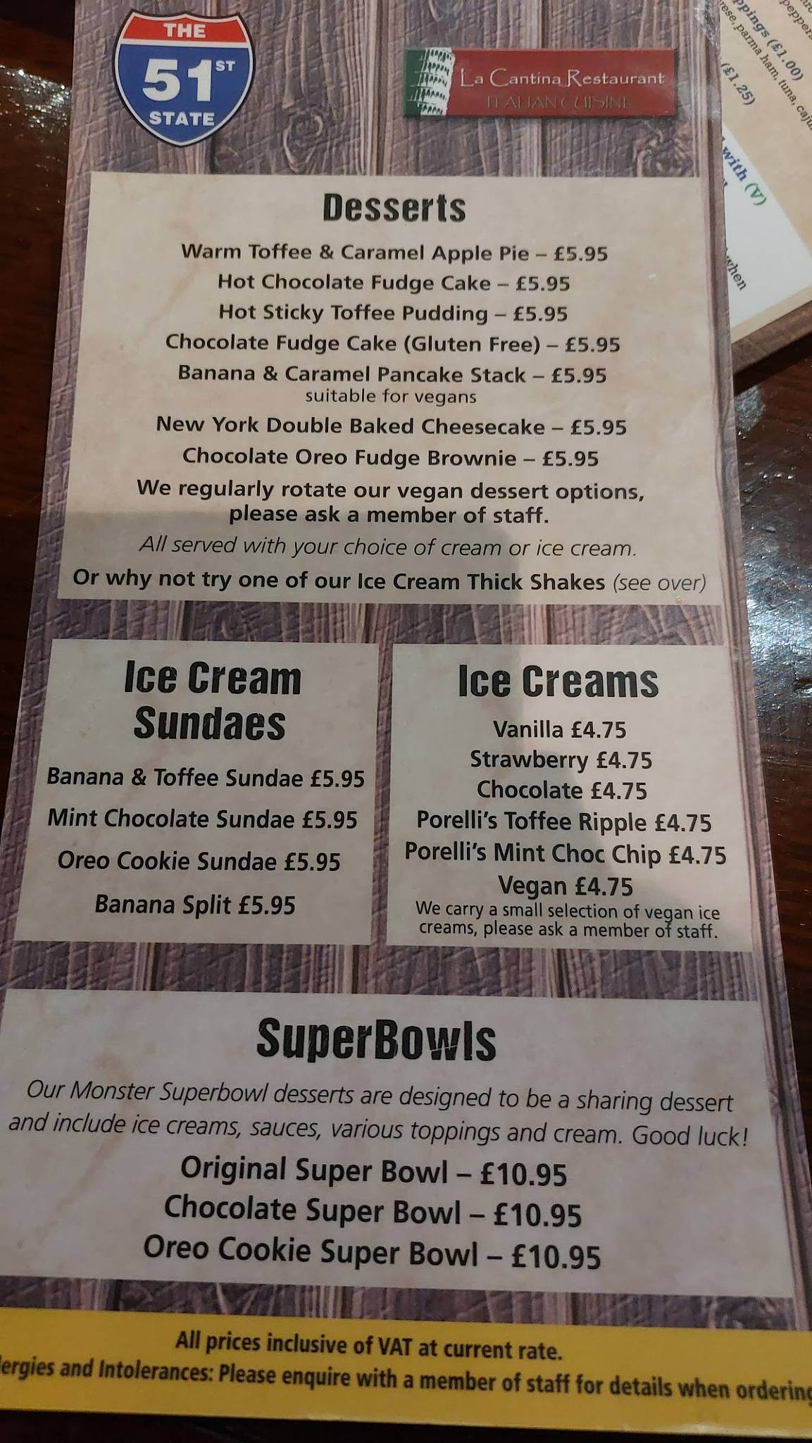 Menu at The 51st State and La Cantina Restaurant, Dunoon