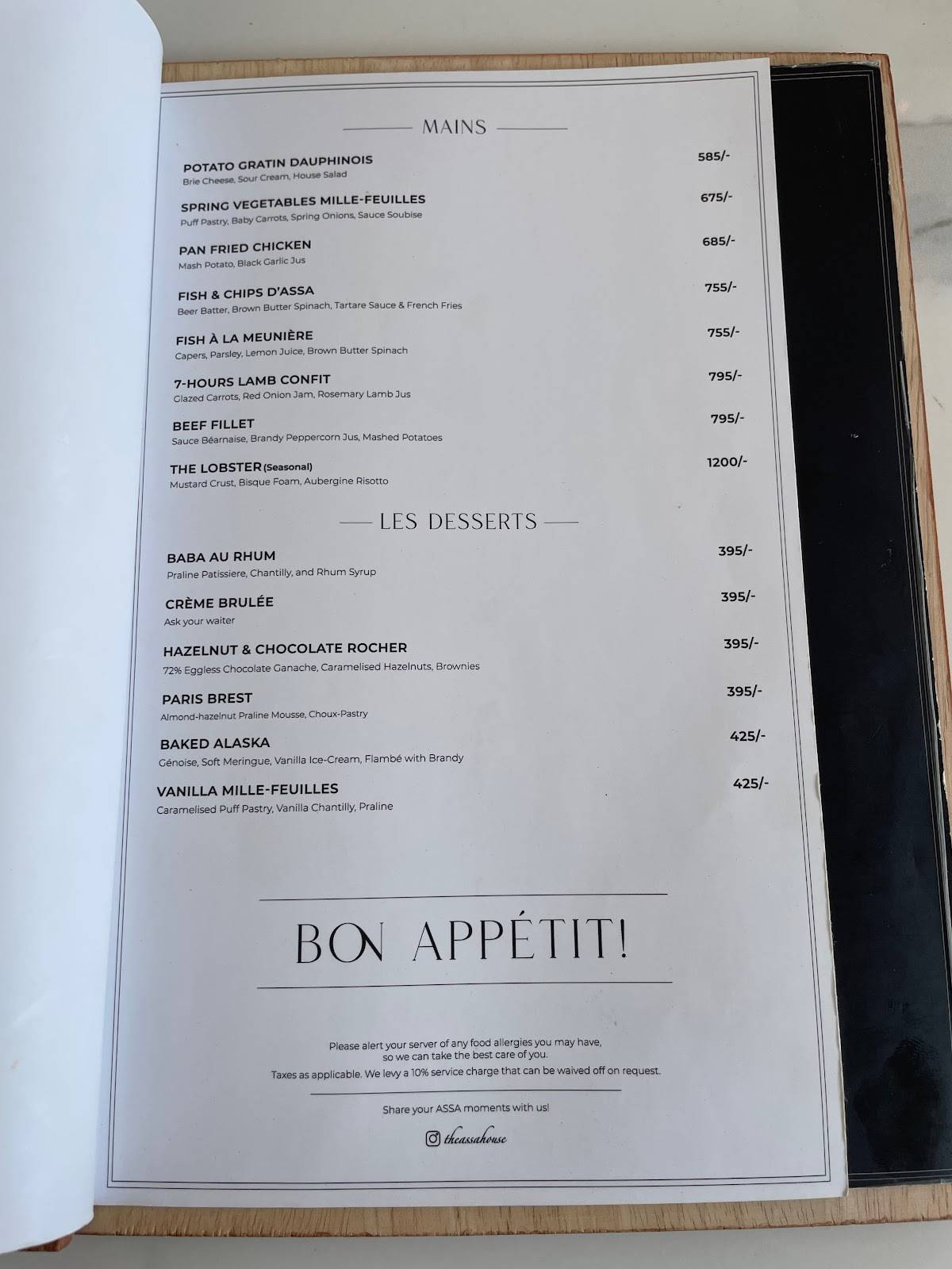 Menu at The ASSA House, Assagao