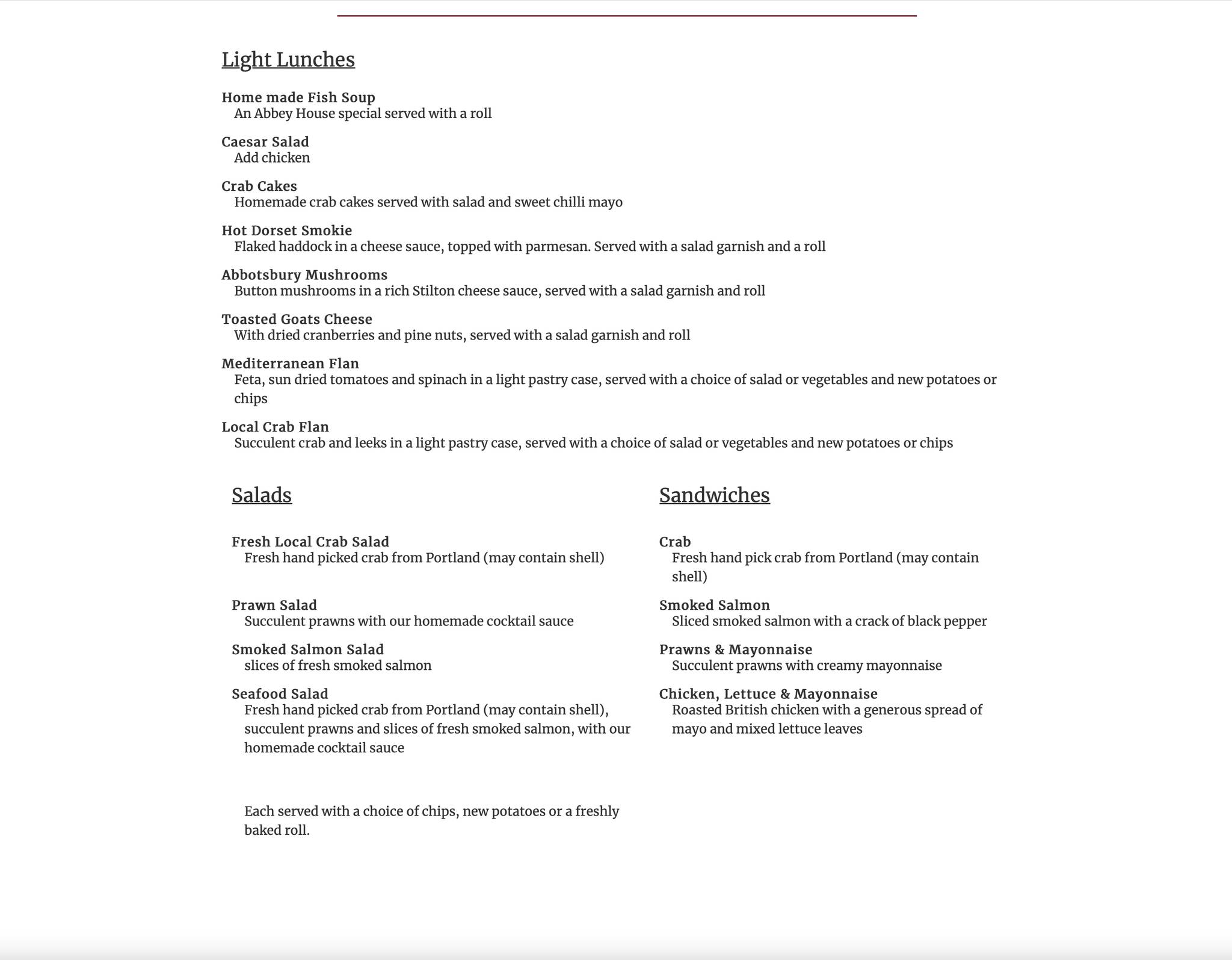 Menu at The Abbey House restaurant, Abbotsbury