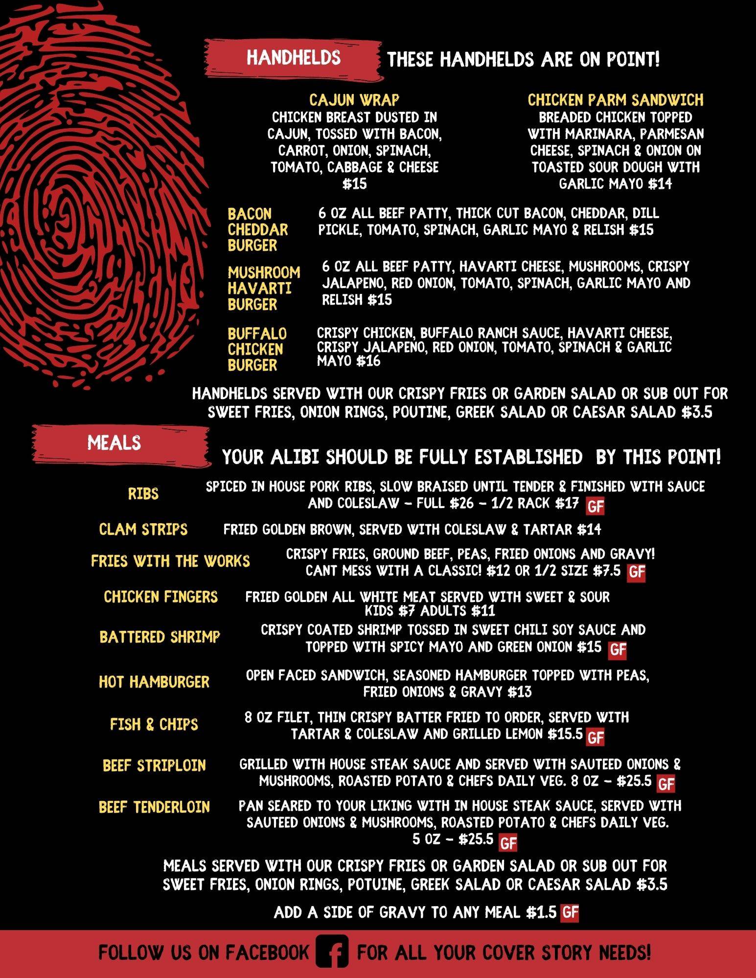 Menu at The Alibi Bar And Grill, Canada