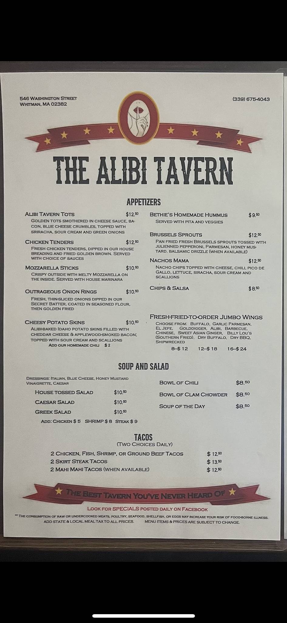 Menu at The Alibi Tavern pub & bar, Whitman