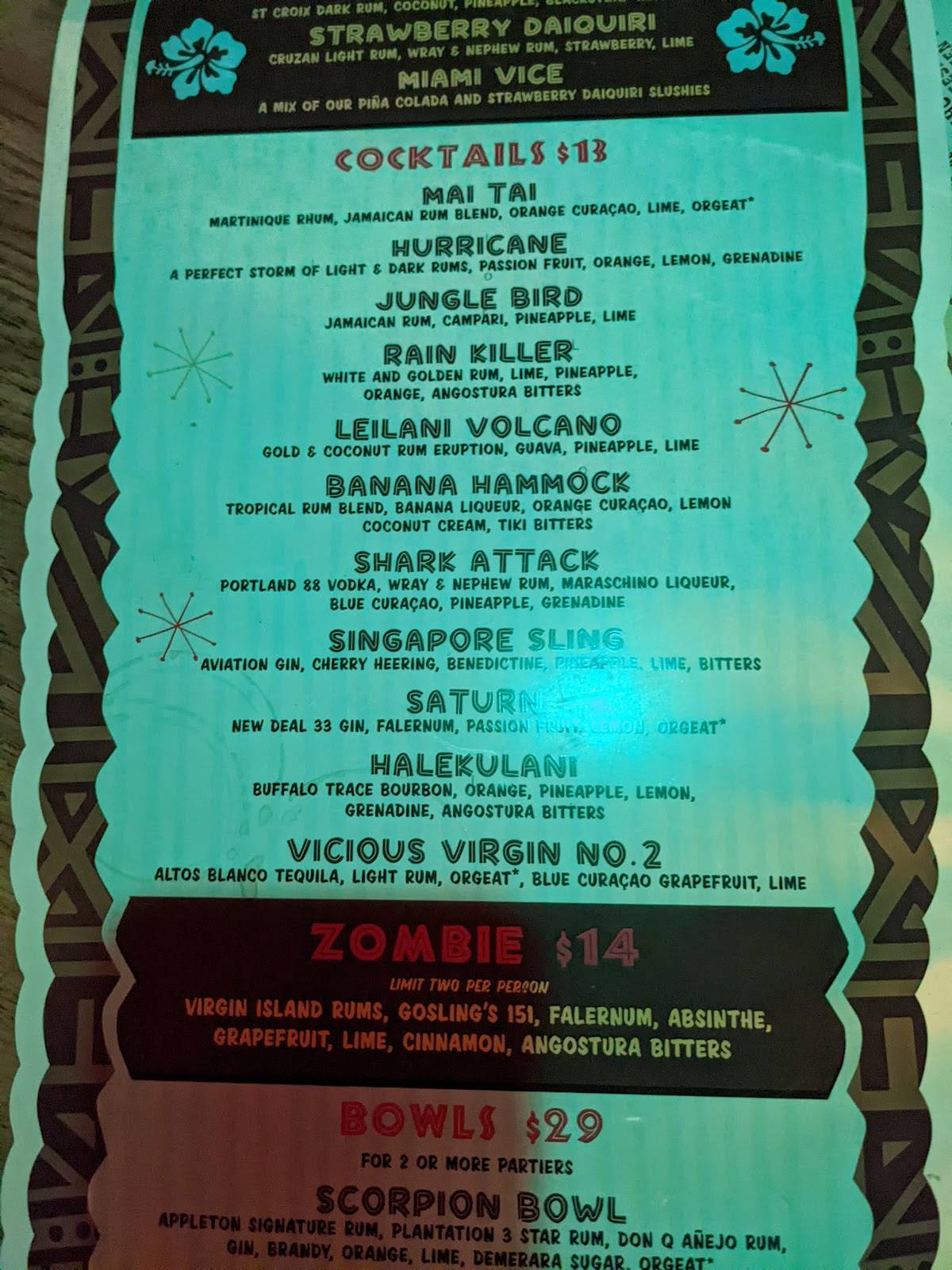 Menu at The Alibi Tiki Lounge pub & bar, Portland