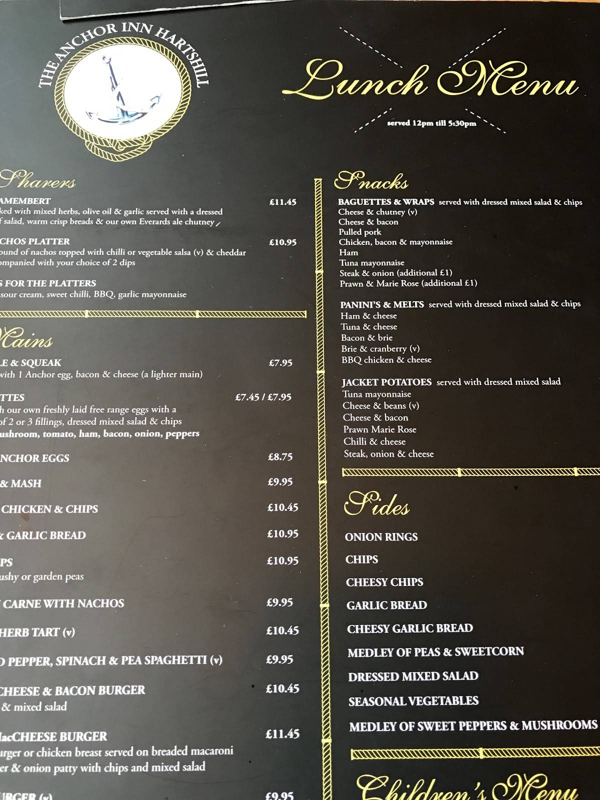 Menu at The Anchor Inn Hartshill pub & bar, Nuneaton