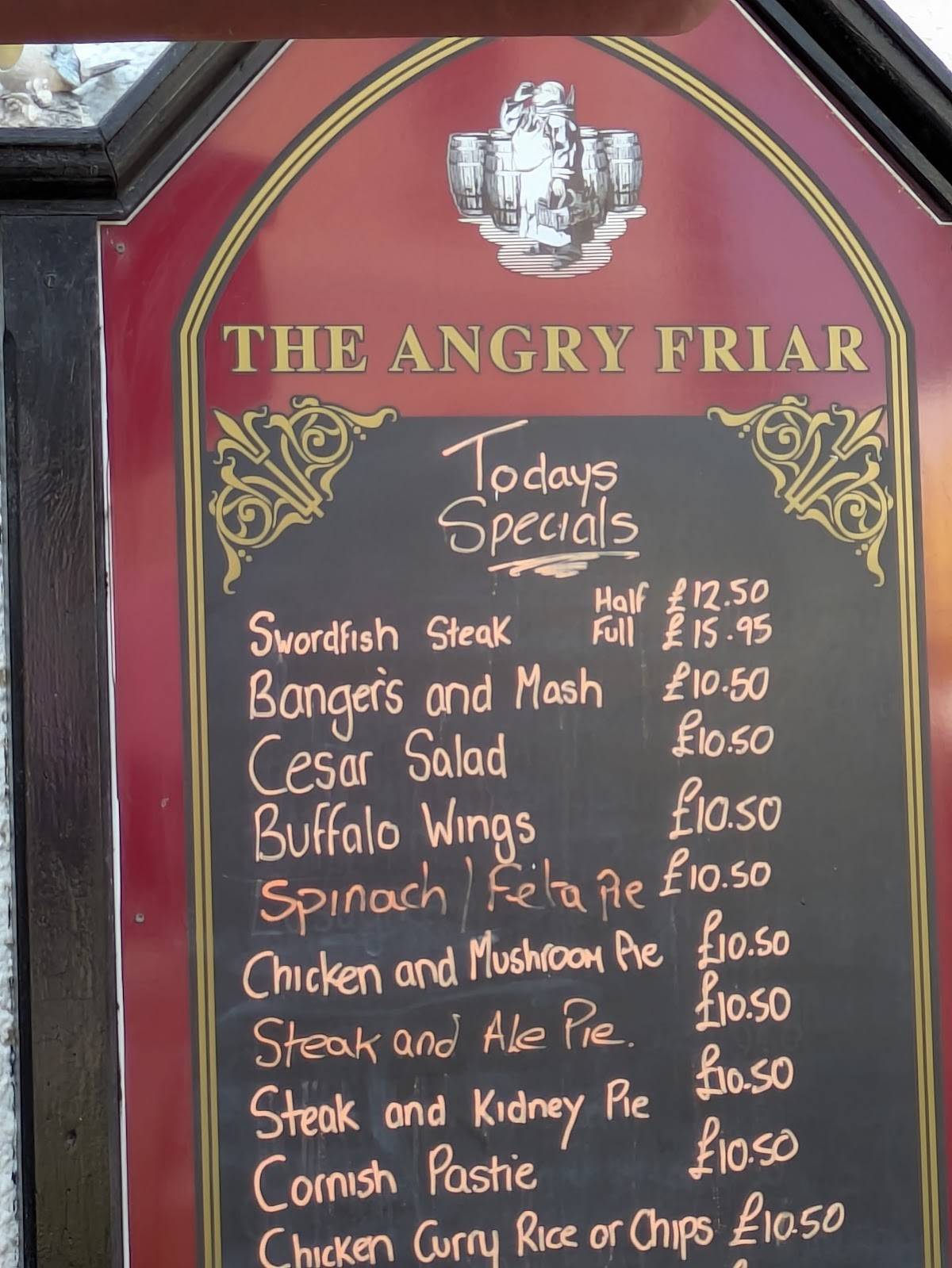 Menu at The Angry Friar pub & bar, Gibraltar