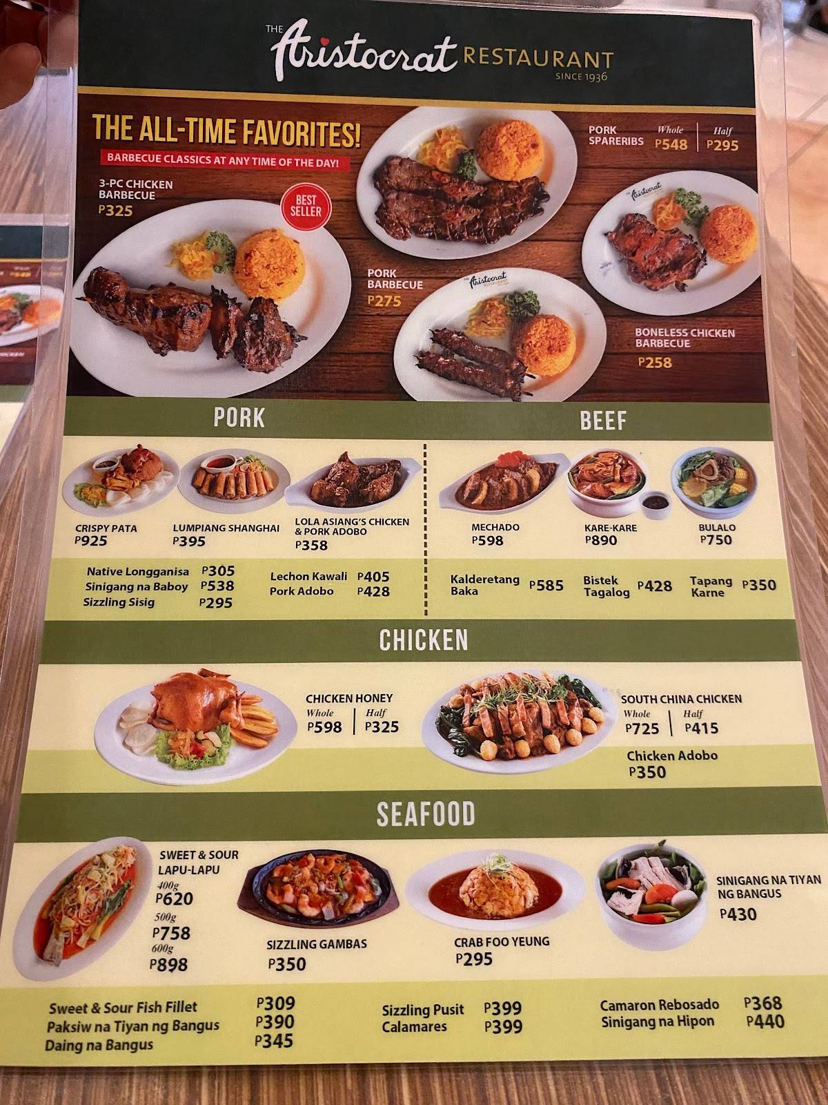Menu at The Aristocrat Restaurant - Robinsons Place Manila, Manila ...