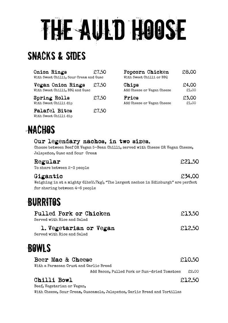 Menu at The Auld Hoose pub & bar, Edinburgh