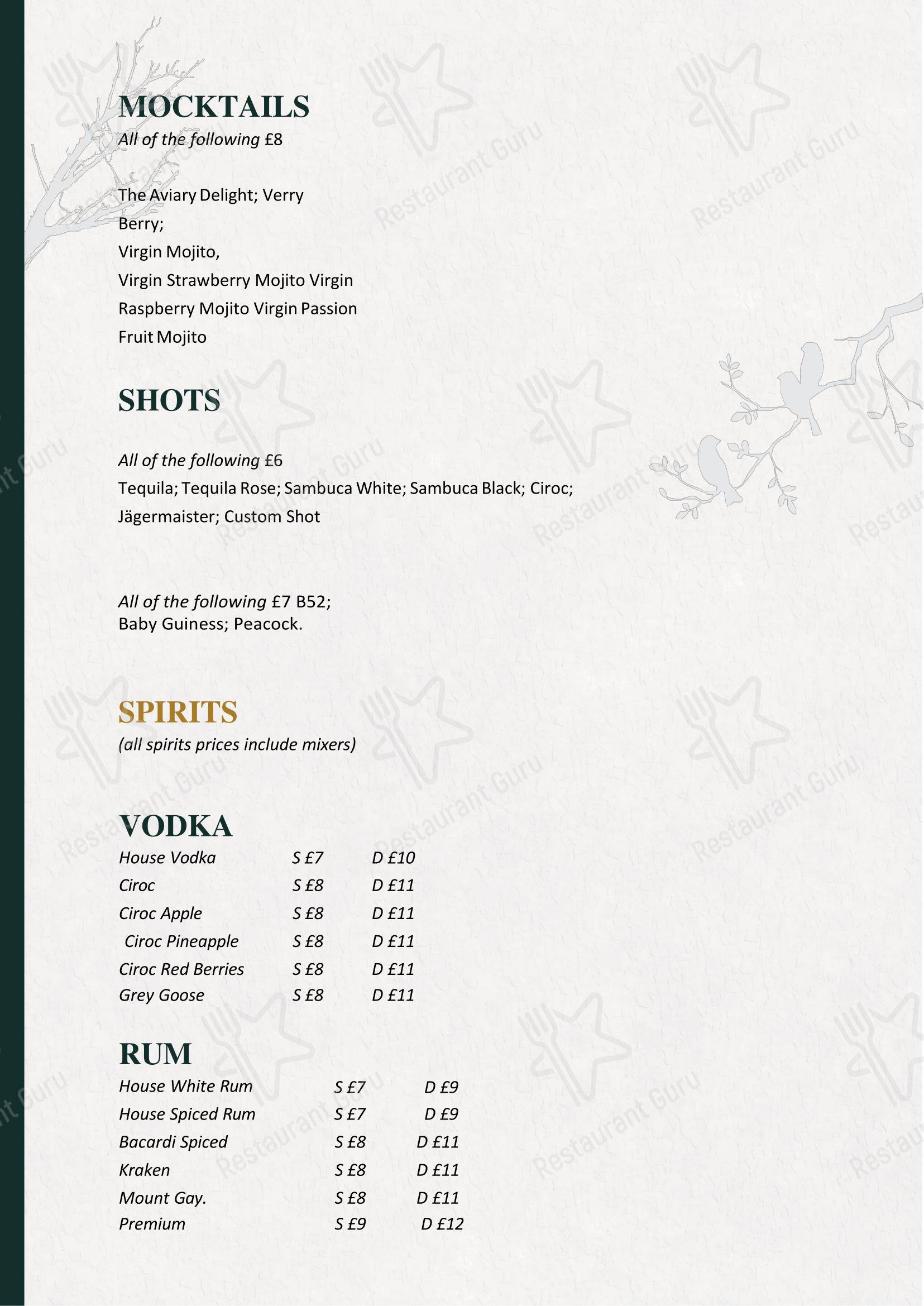 Menu at The Aviary Bar and Brasserie, Loughton