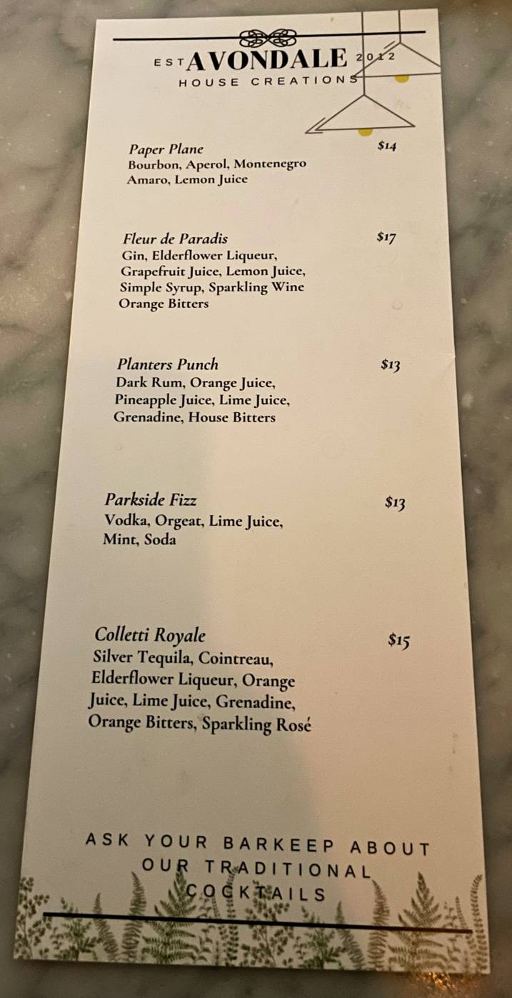 Menu at The Avondale Bar & Tap Room, Auburn