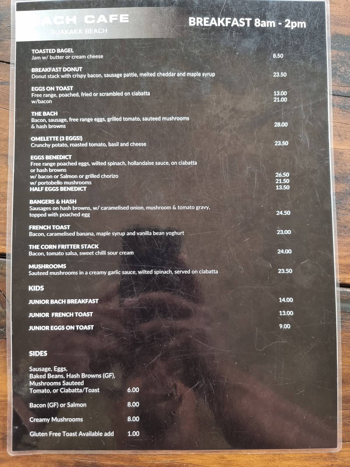 Menu at The Bach Cafe, Ruakaka