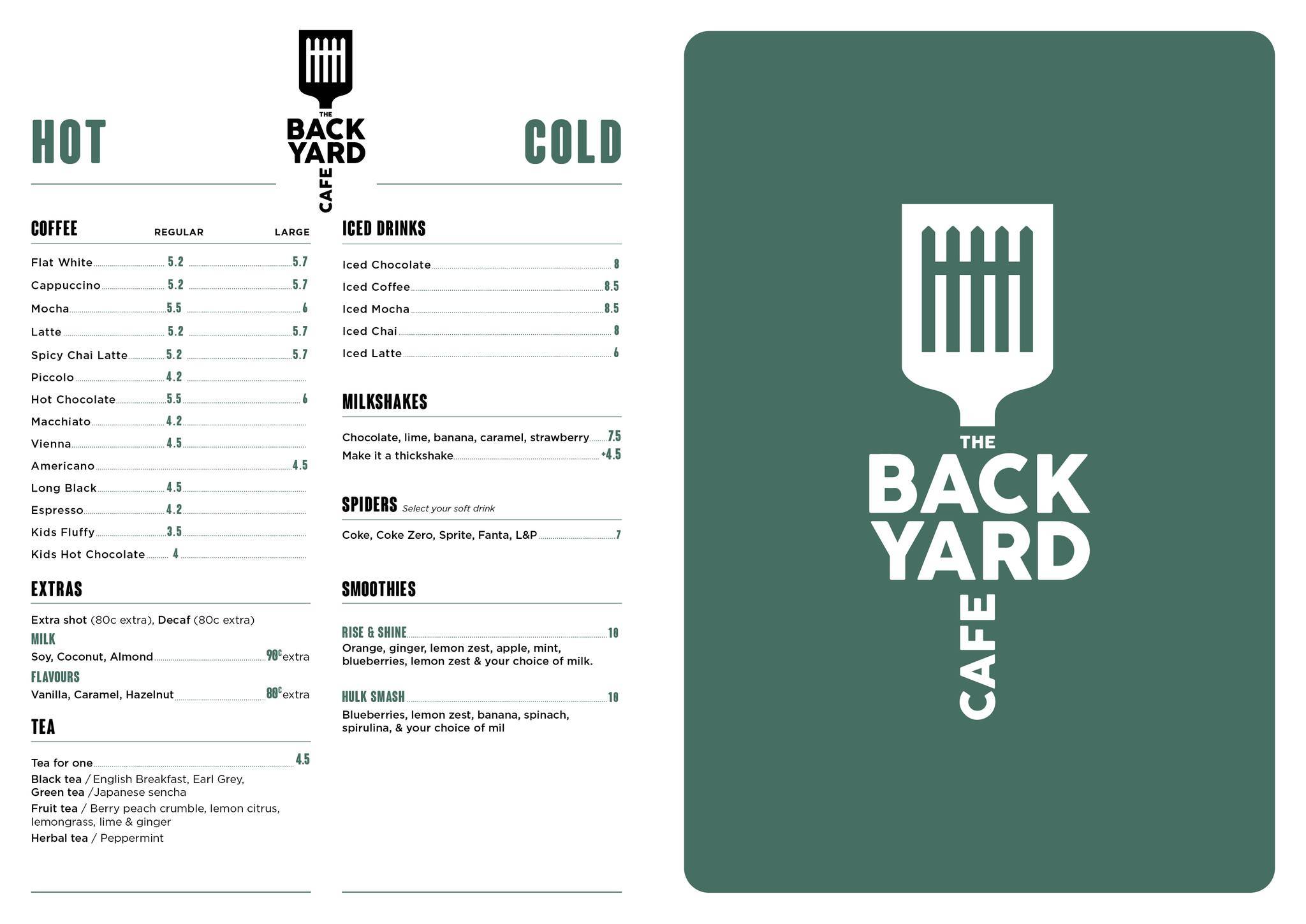 Menu at The Backyard Cafe, New Plymouth
