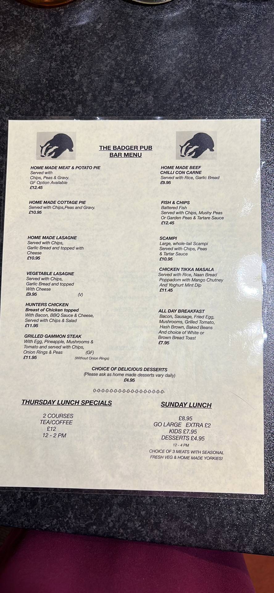 Menu at The Badger pub & bar, Chesterfield, The Badger