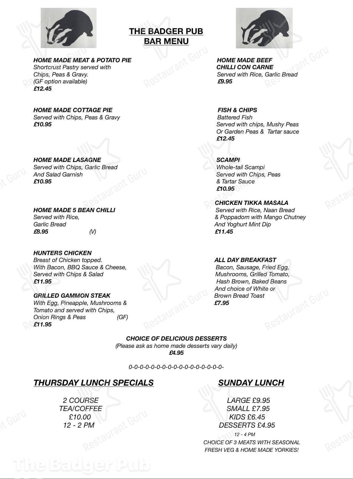 Menu at The Badger pub & bar, Chesterfield, The Badger