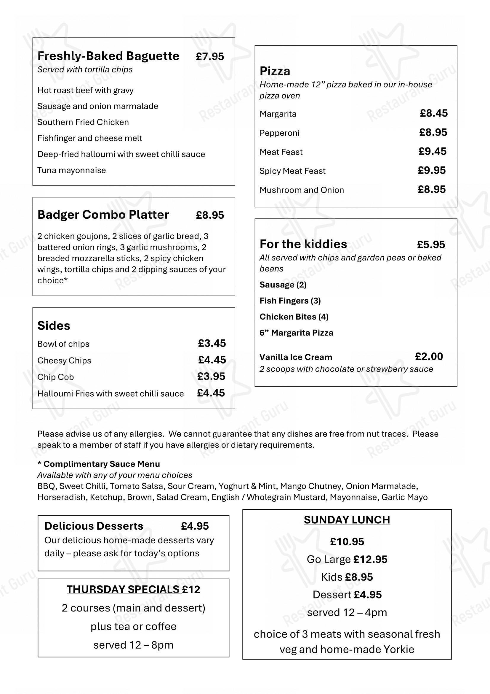 Menu at The Badger pub & bar, Chesterfield, The Badger