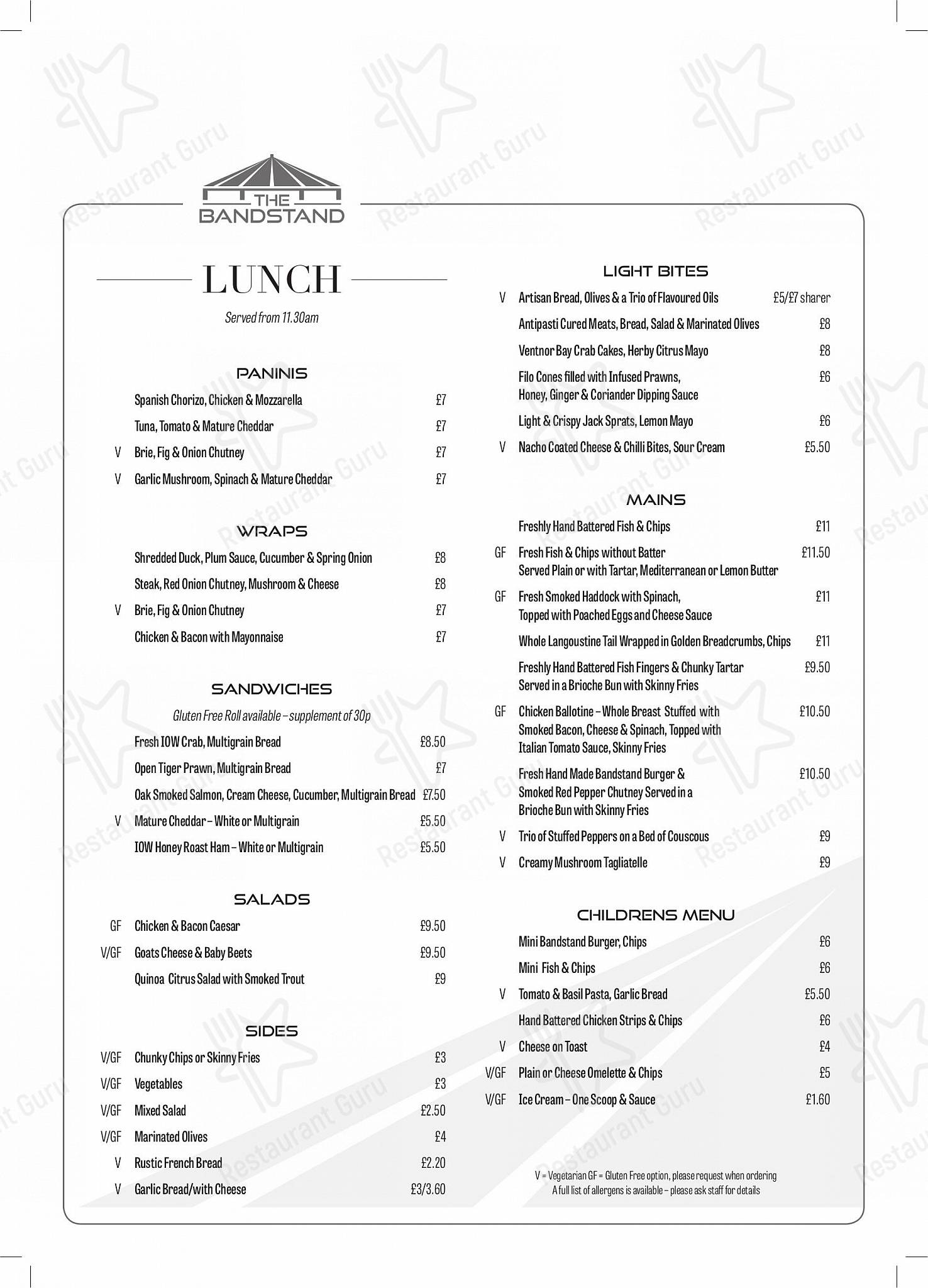 Menu at The Bandstand Restaurant and Cafe, Sandown