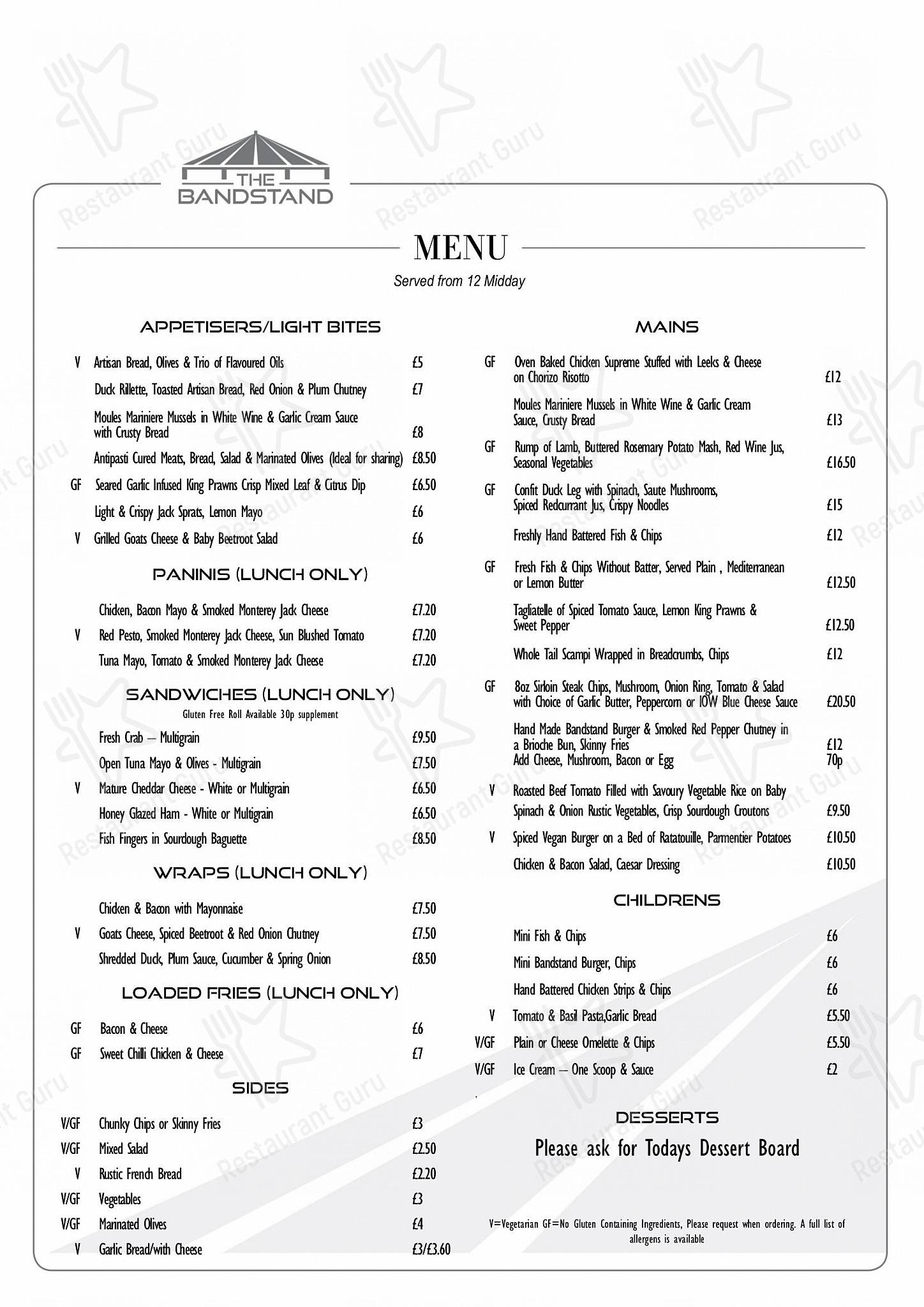 Menu at The Bandstand Restaurant, Sandown