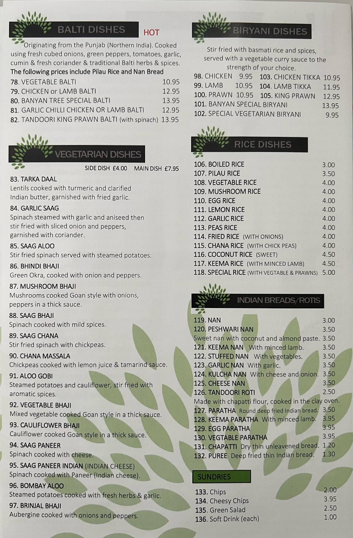 Menu at The Banyan Tree restaurant, Easingwold
