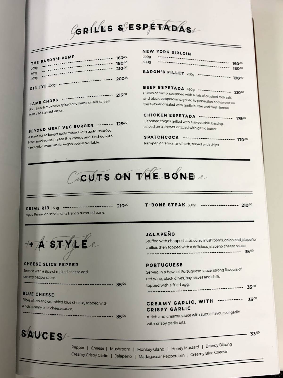 Menu au The Baron - Umhlanga, Durban