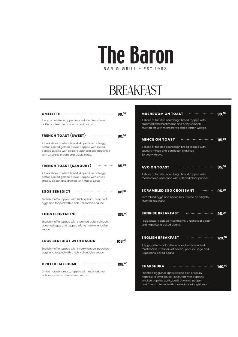 Menu at The Baron - Umhlanga, Durban