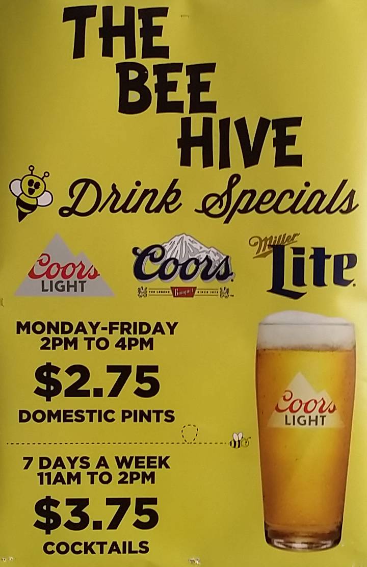 Menu at The Bee Hive pub & bar, Huntington Beach, Edinger Ave