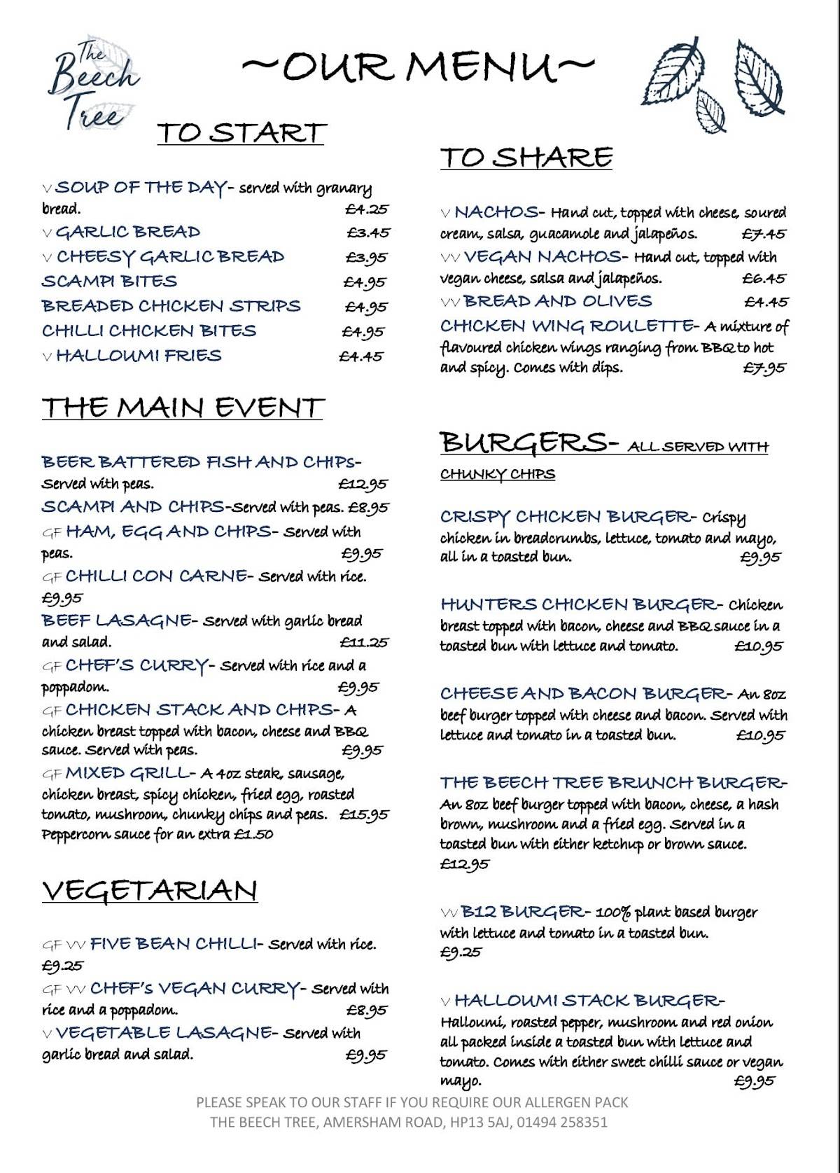 Menu at The Beech Tree pub & bar, High Wycombe
