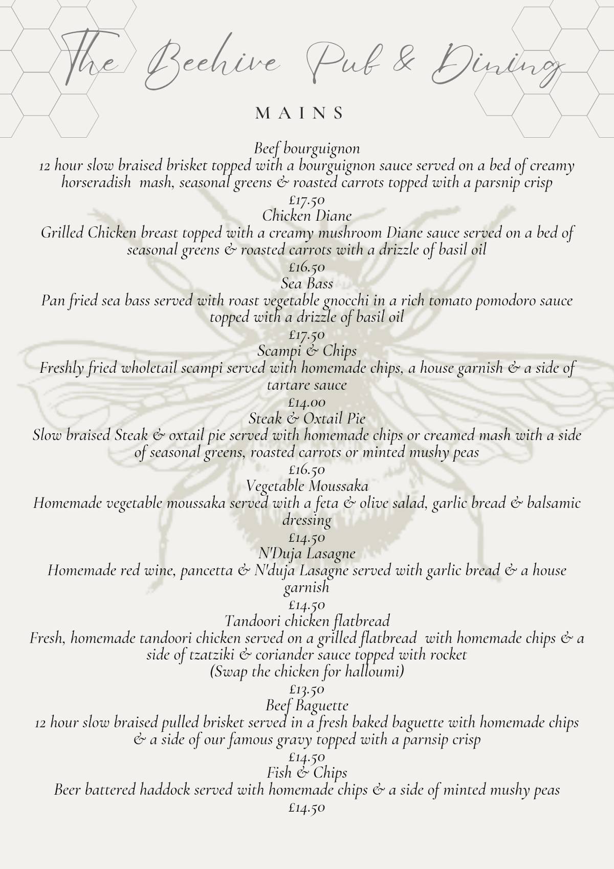 Menu at The Beehive Pub & Dining, Sowerby Bridge