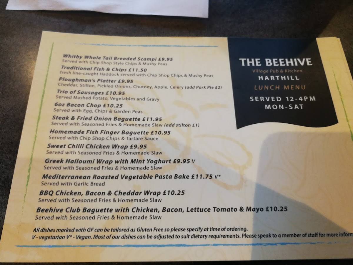 Menu at The Beehive pub & bar, Sheffield, 16 Union St