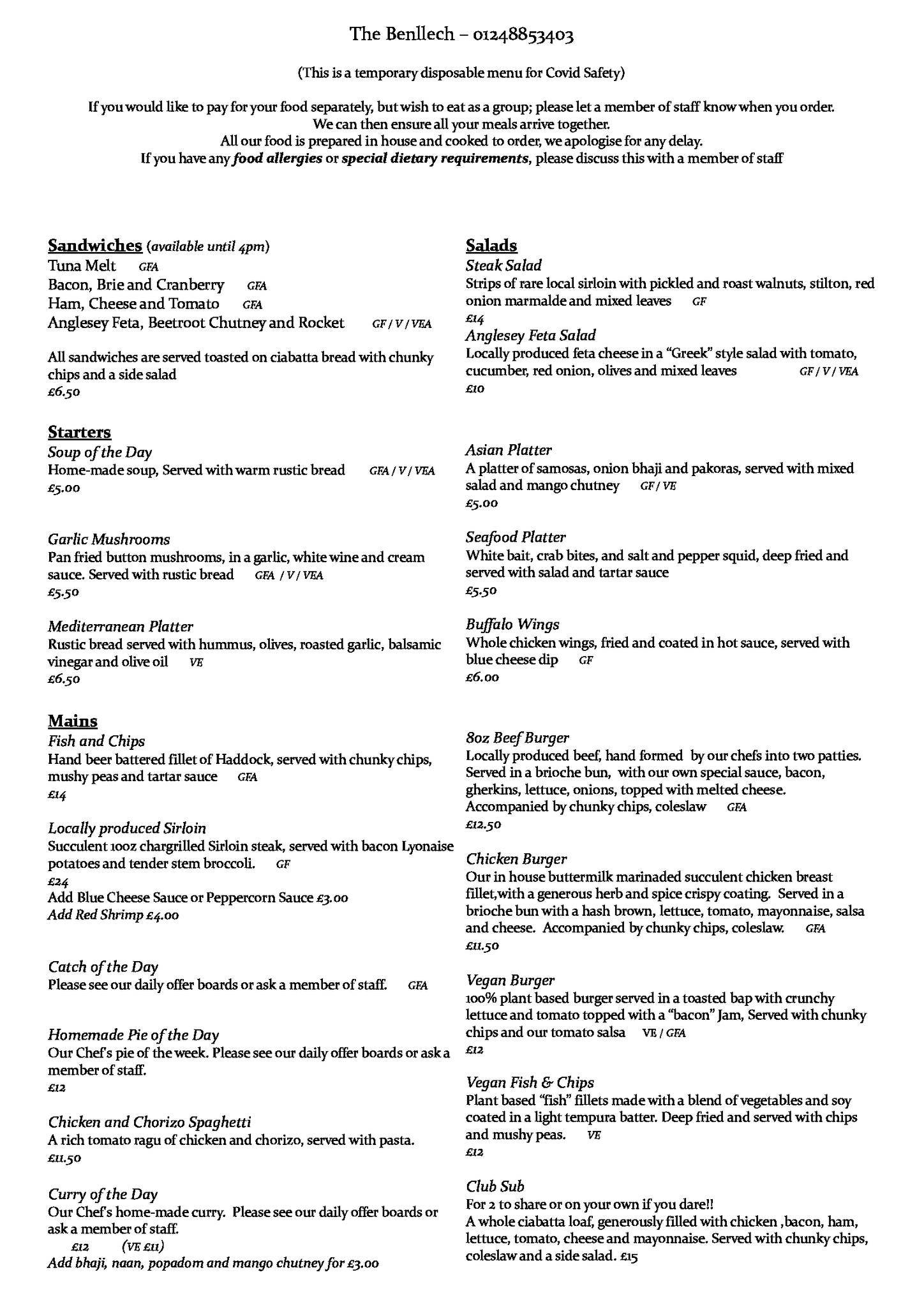 Menu at The Benllech pub & bar, Benllech