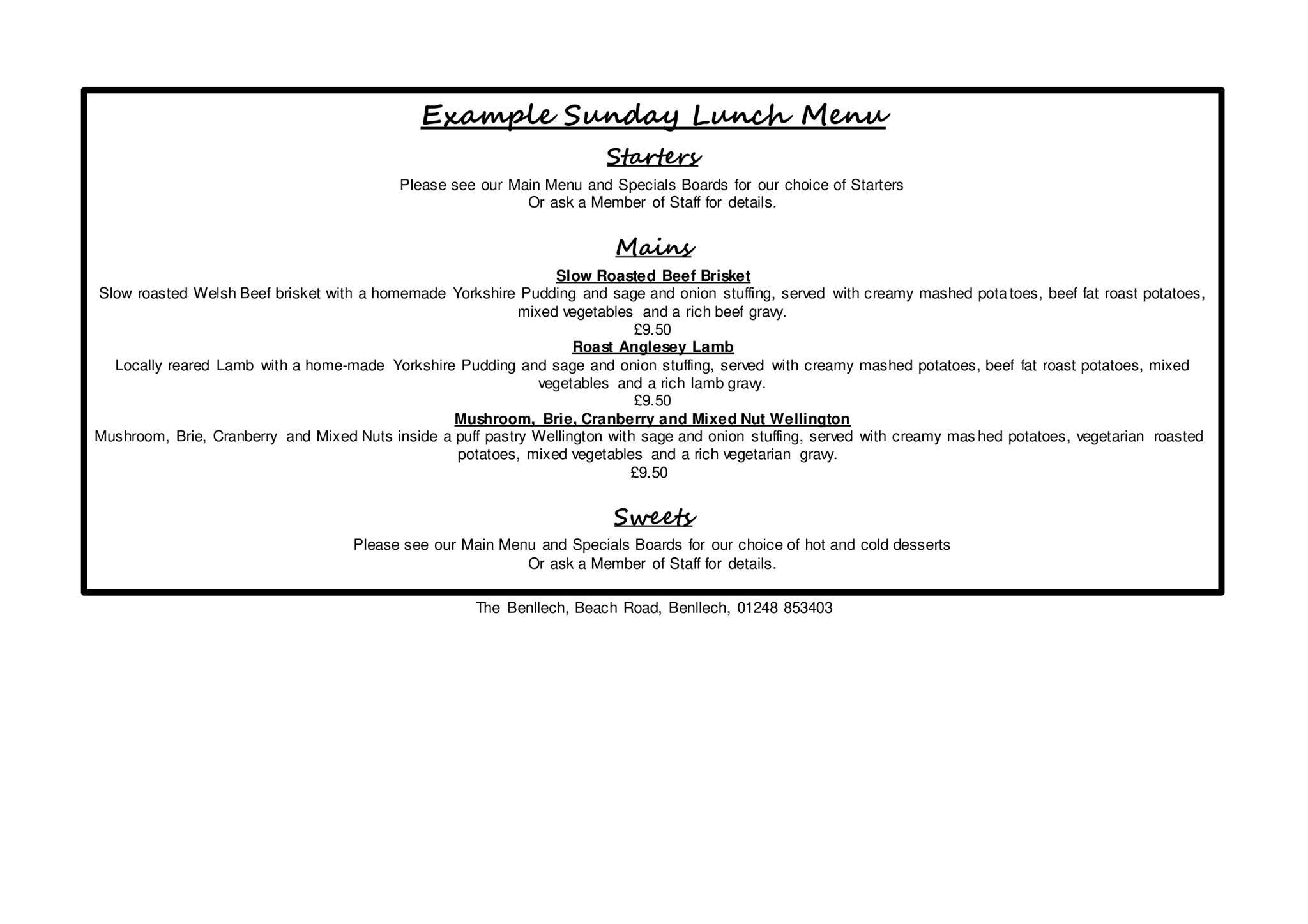 Menu at The Benllech pub & bar, Benllech