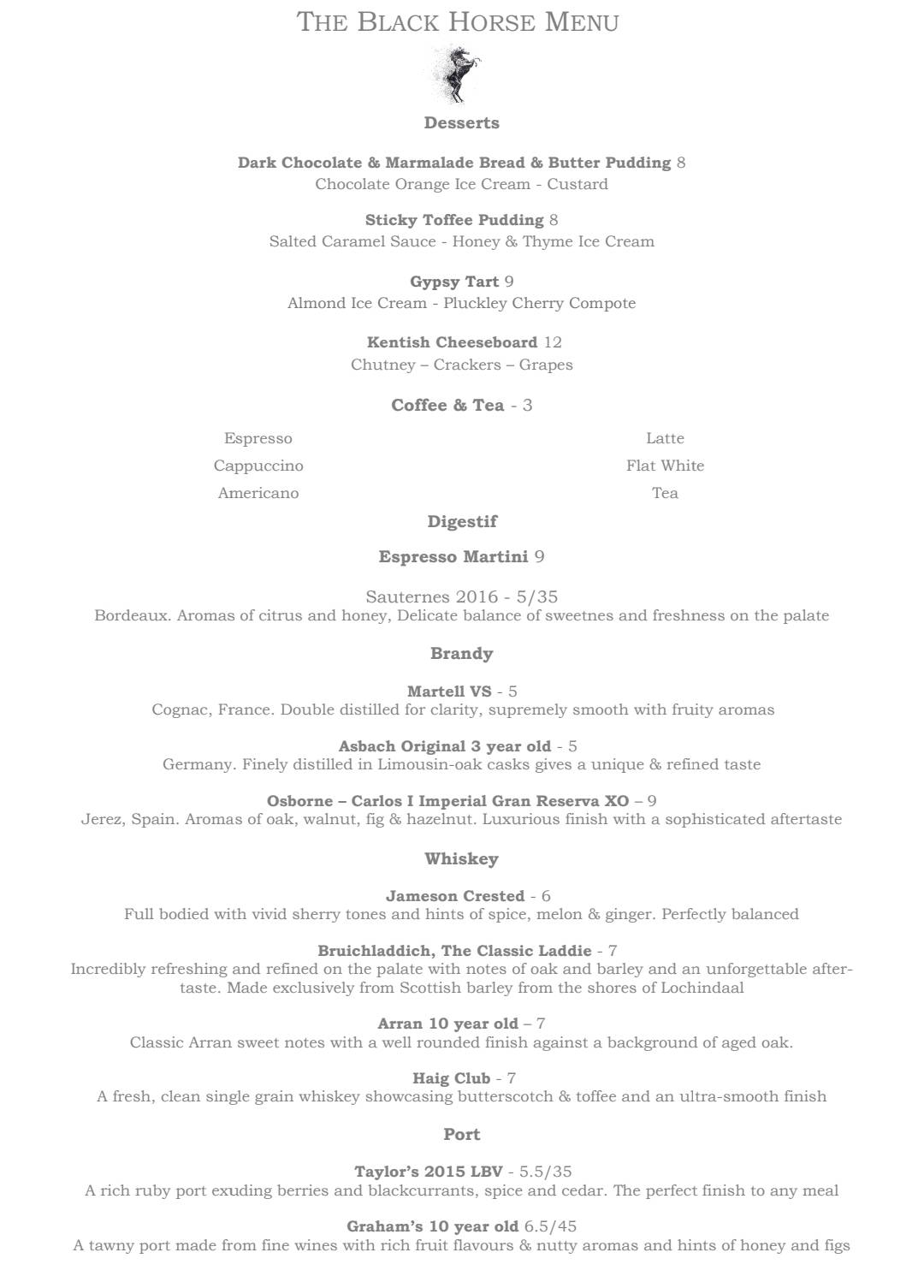Menu at The Black Horse pub,Pluckley, Bethersden, The St