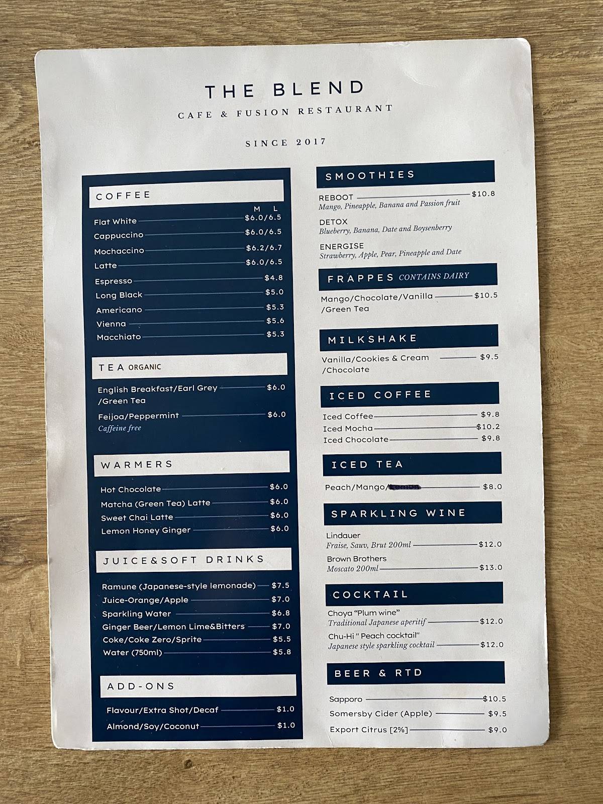 Menu at The Blend Cafe, Whanganui