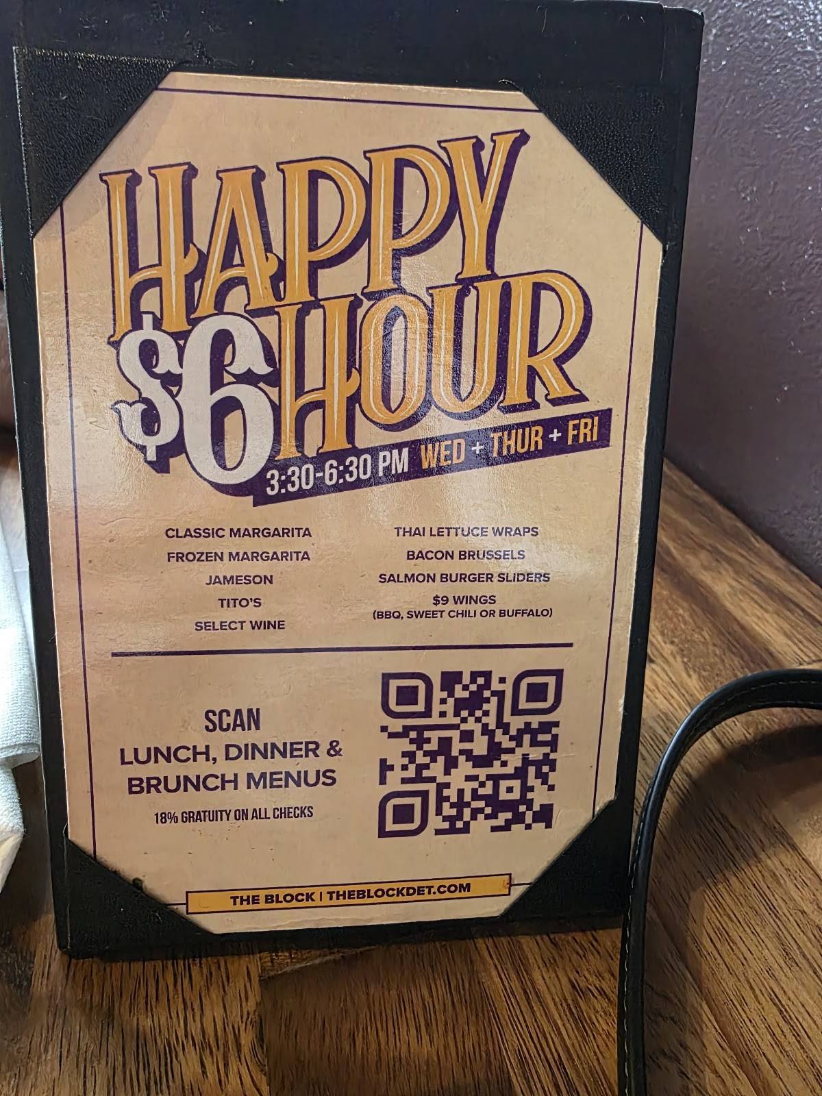 Menu at The Block restaurant, Detroit
