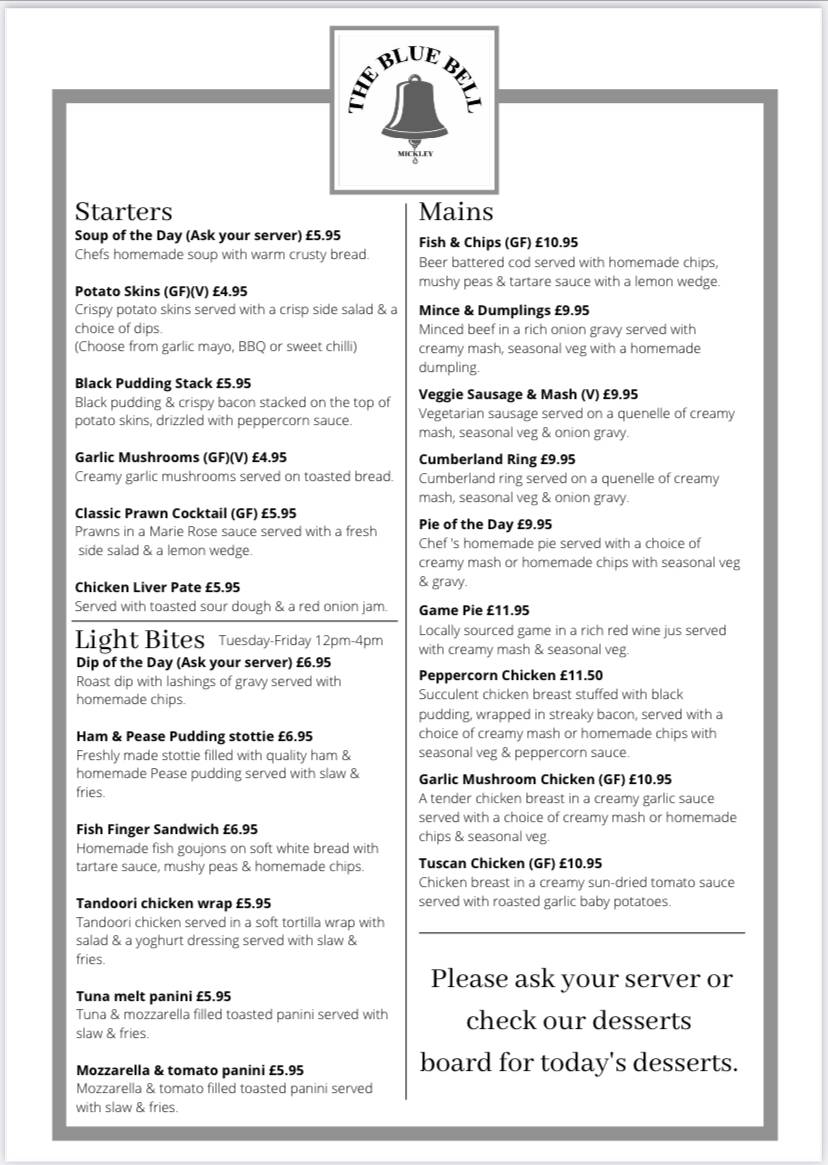 Menu at Little Sicily at The Blue Bell, Stocksfield