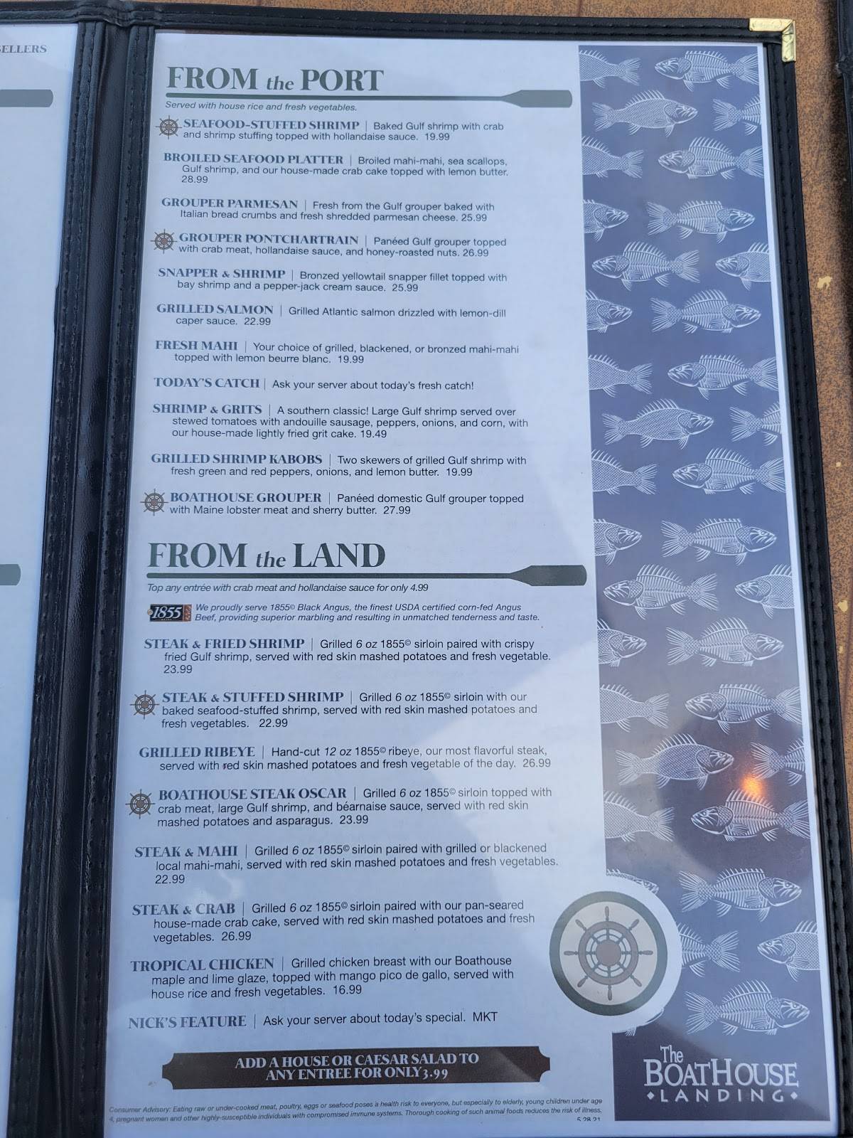 Menu at The Boathouse Landing restaurant, Valparaiso