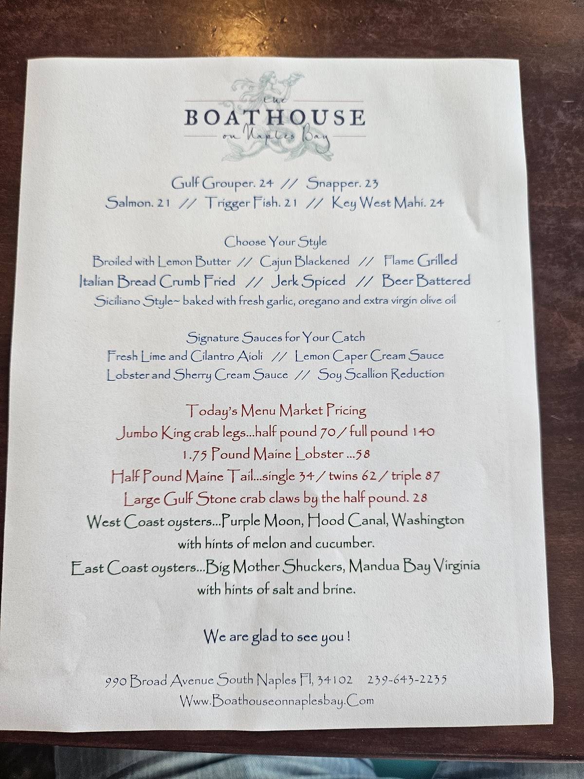 Menu at The Boathouse On Naples Bay restaurant, Naples