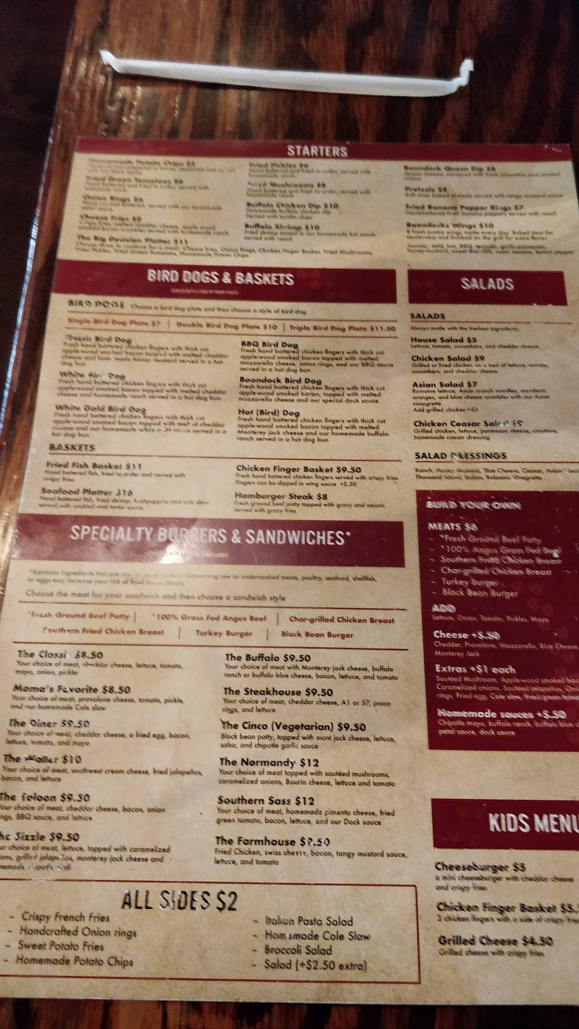 Menu at The Boondocks restaurant, Anderson, North Highway 81 Iva