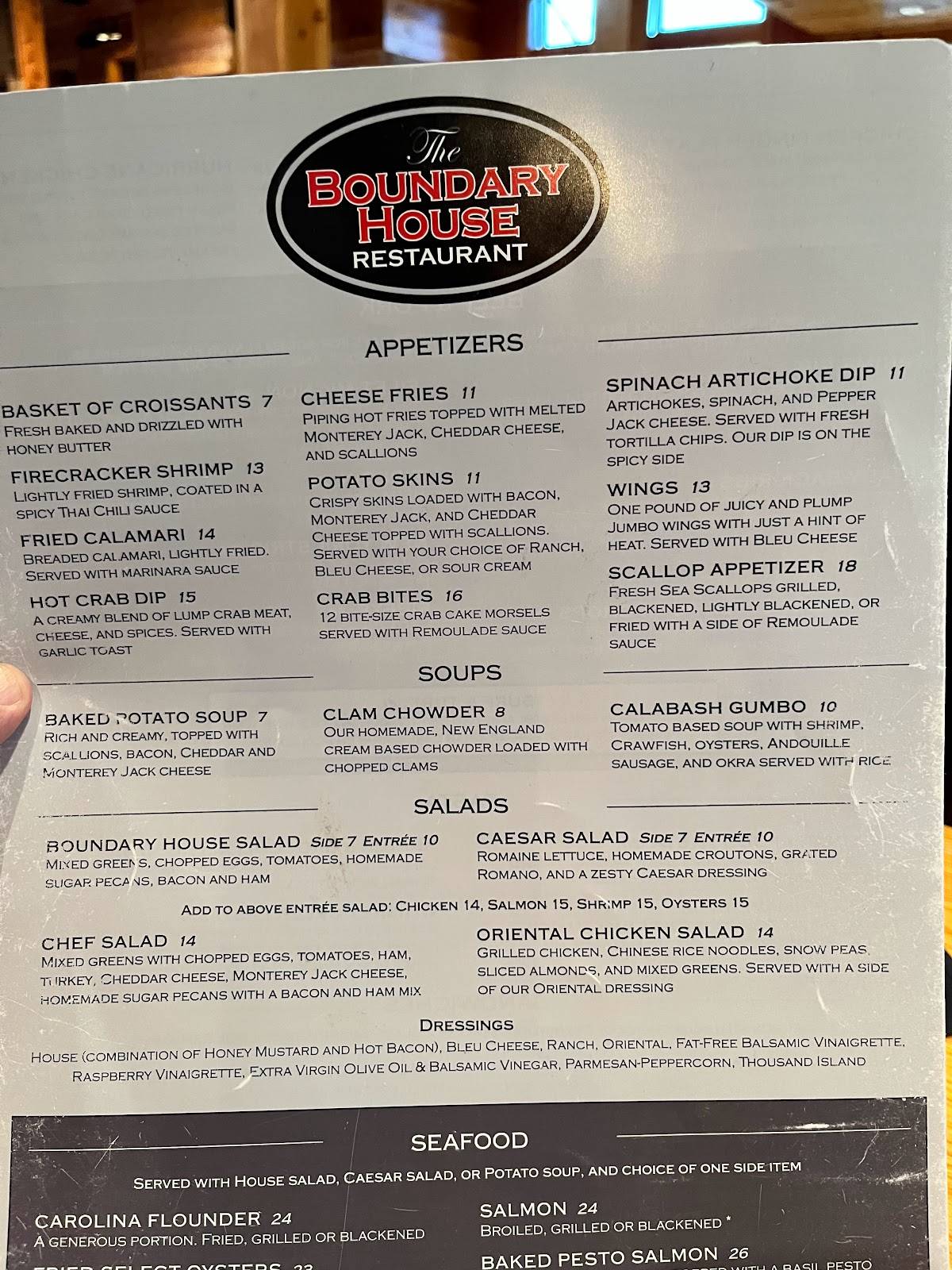 Menu at The Boundary House Restaurant, Calabash