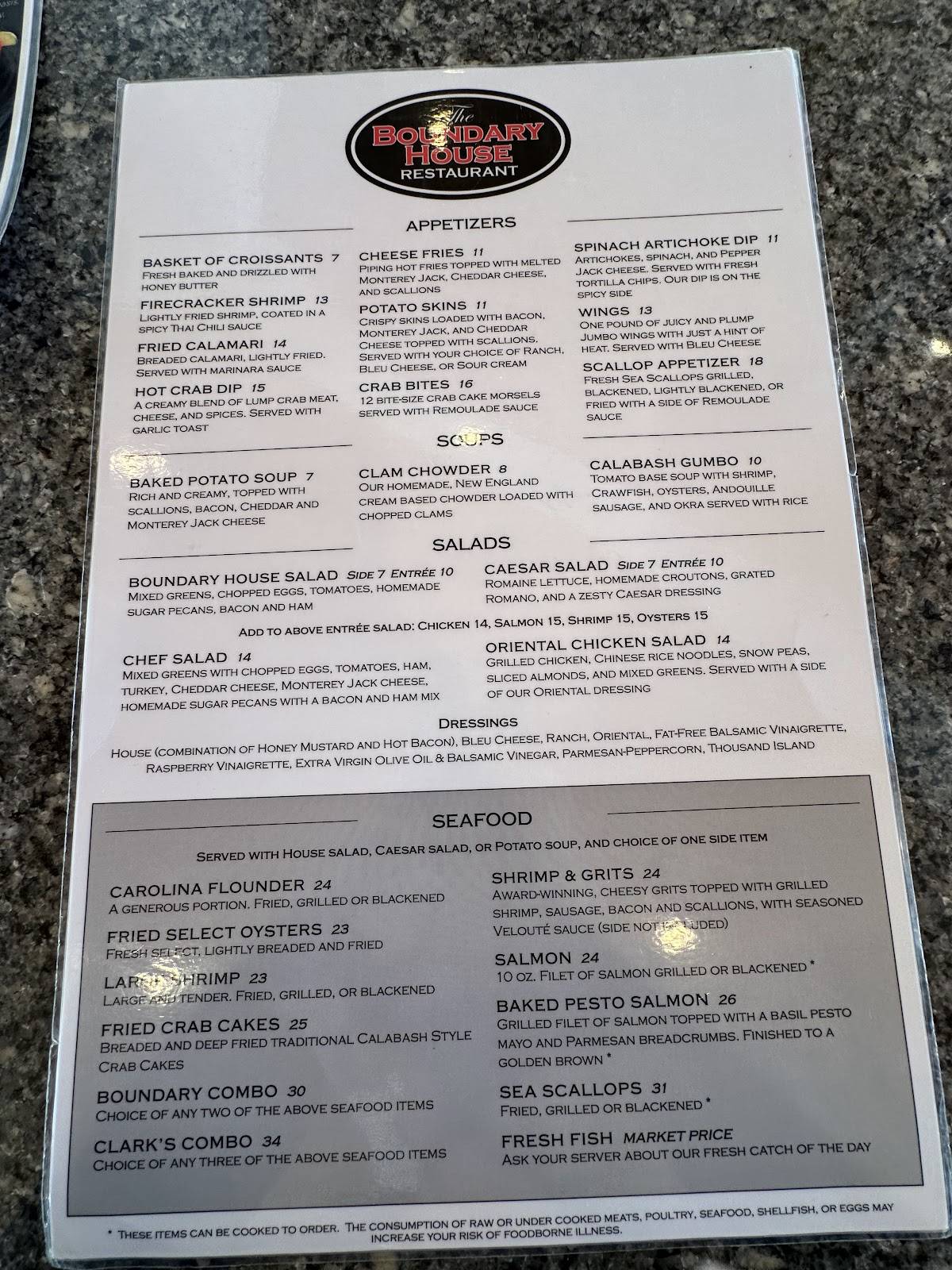 Menu at The Boundary House Restaurant, Calabash