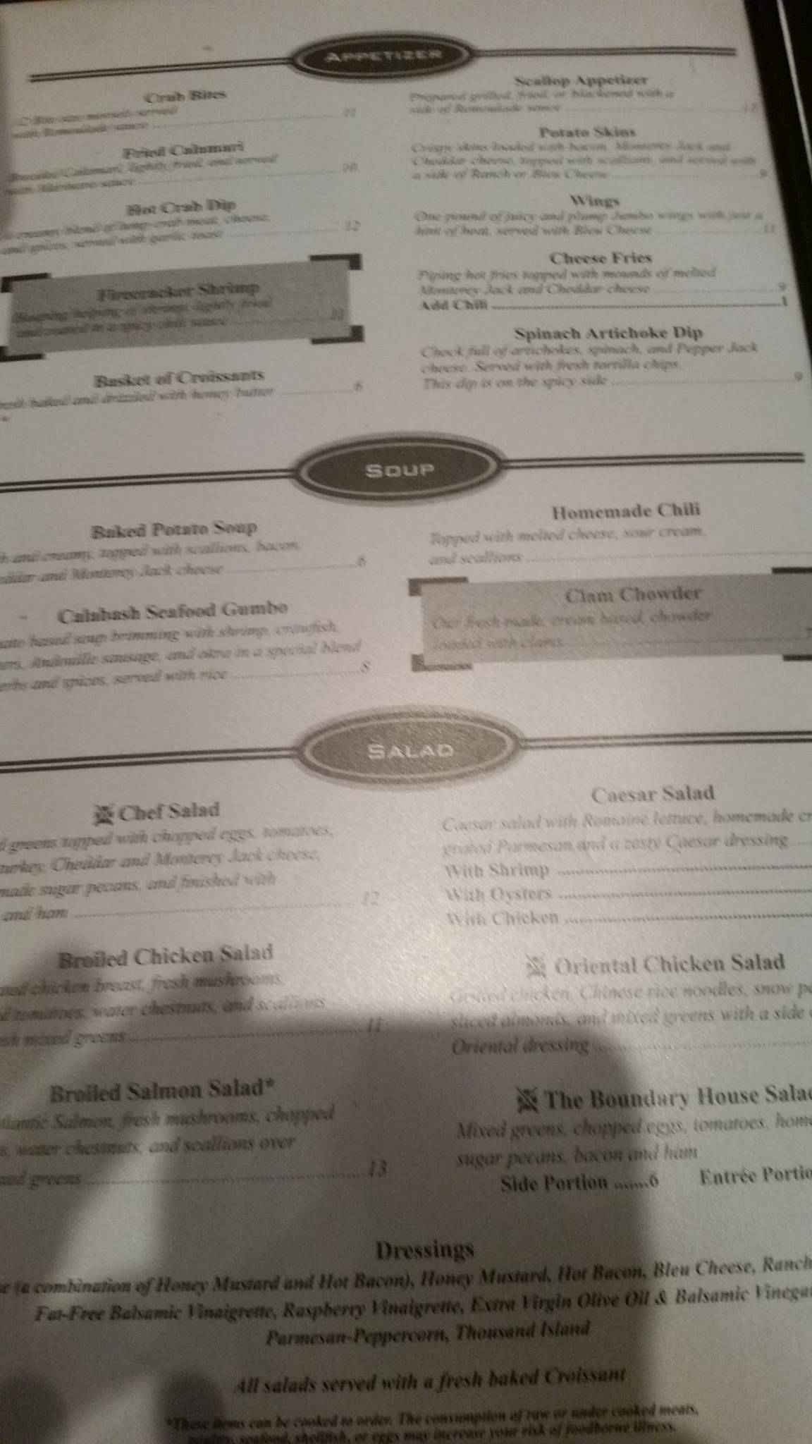 Menu at The Boundary House Restaurant, Calabash
