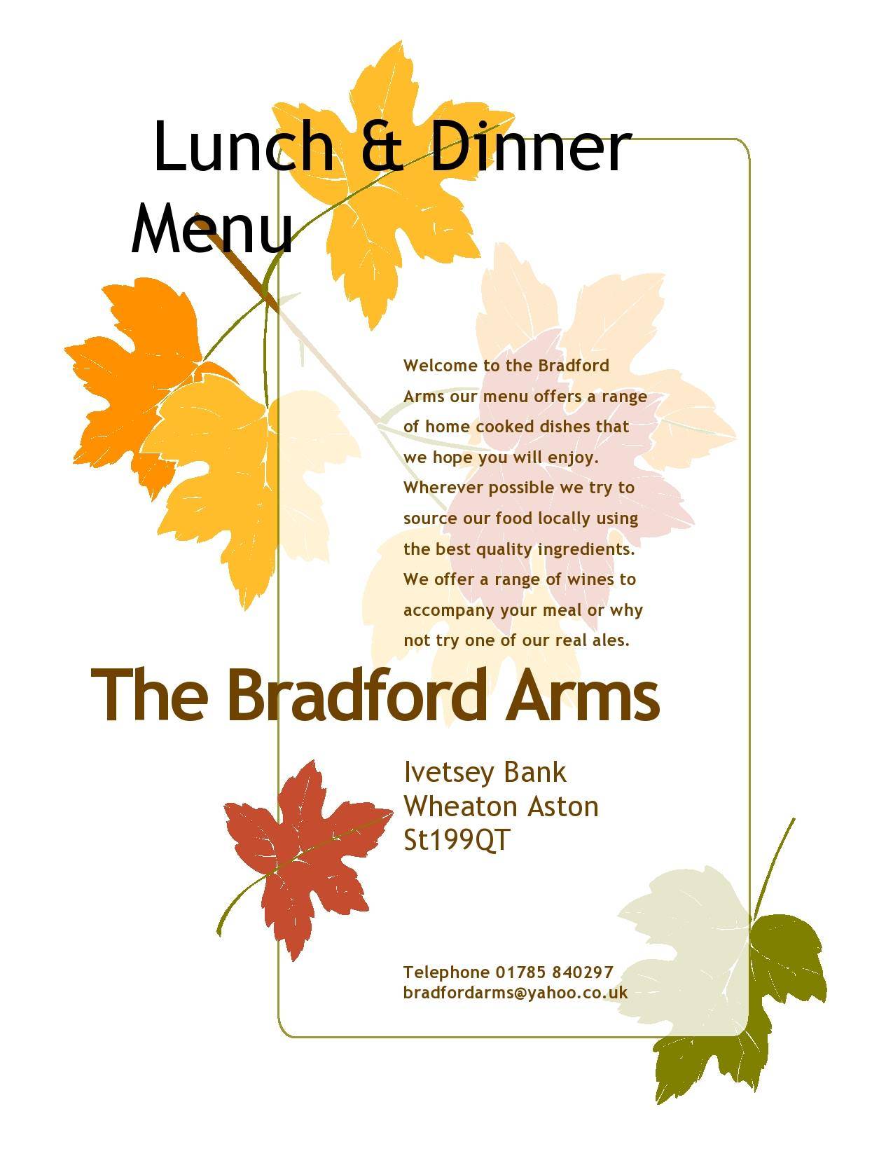 Menu at The Bradford Arms pub & bar, Brewood