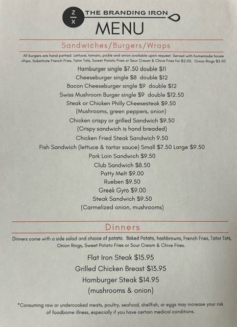 Menu at The Branding Iron pub & bar, Cook