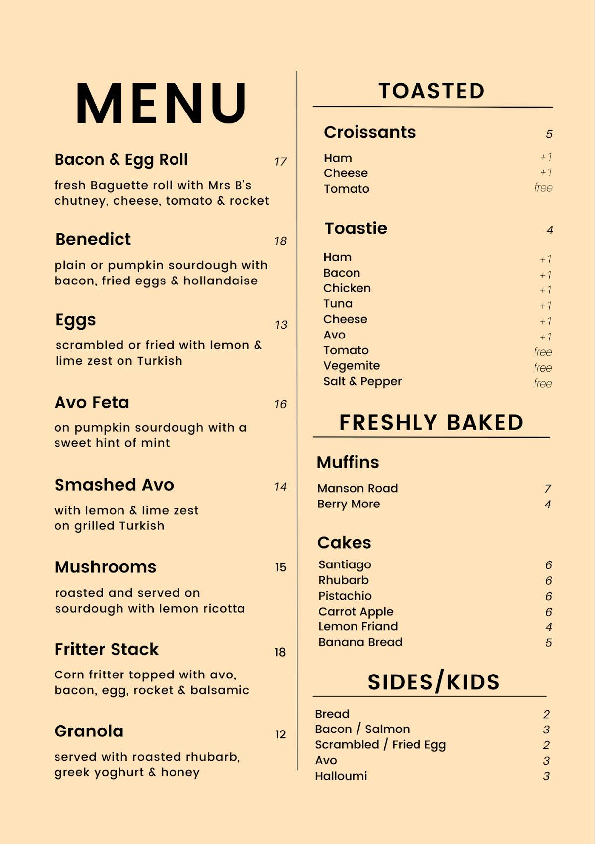 Menu at The Brass cafe, Hendra