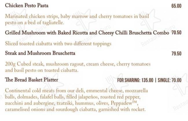 Menu at The Bread Basket cafe, South Africa